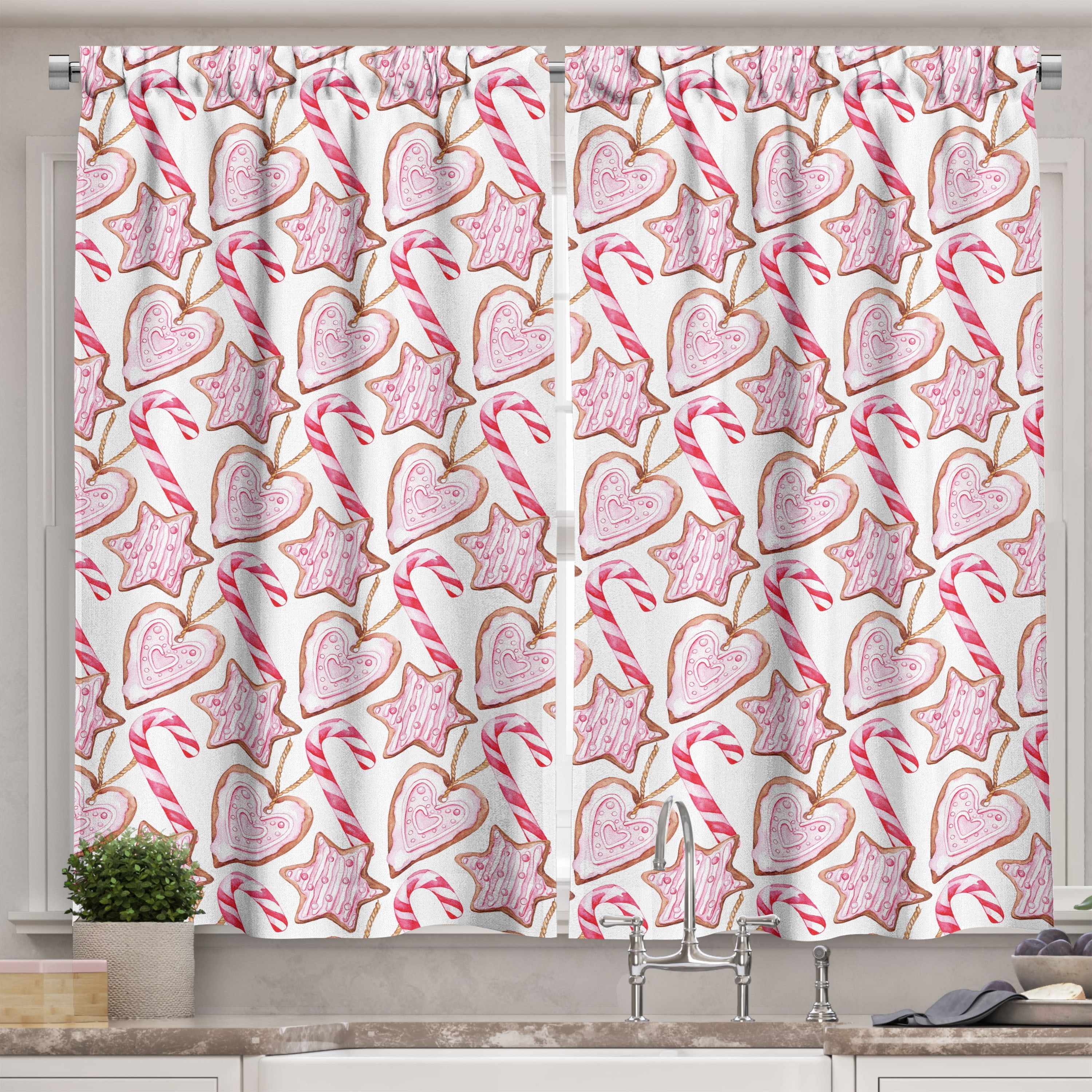 Candy Cane Curtains 2 Panels Set, Watercolor Style Gingerbread Cookies ...