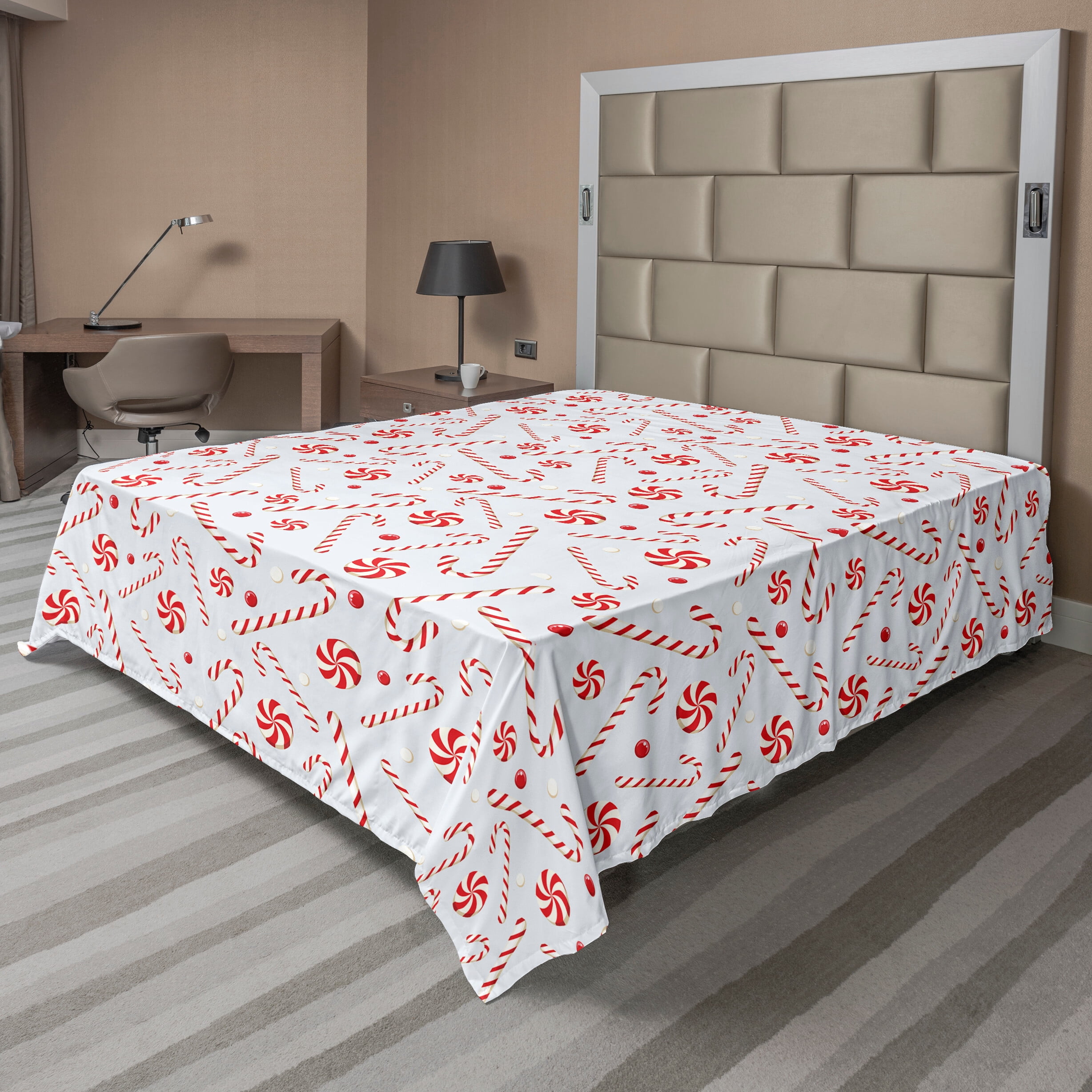 Ambesonne Candy Cane Flat Sheet, Holiday Food, California King, Red ...
