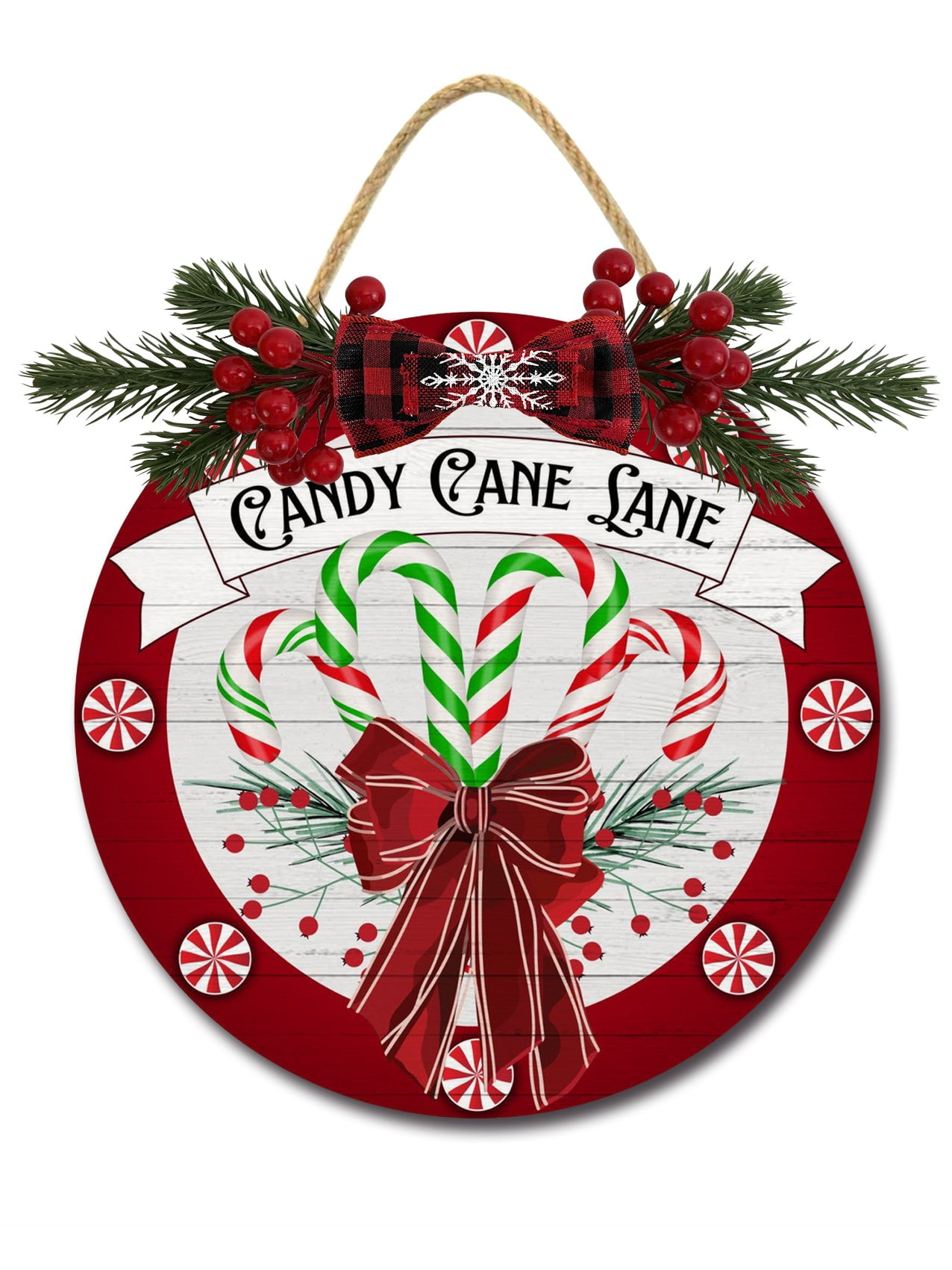 Candy Cane Lane Sign Front for Door Decoration, 11 in Round Wood ...
