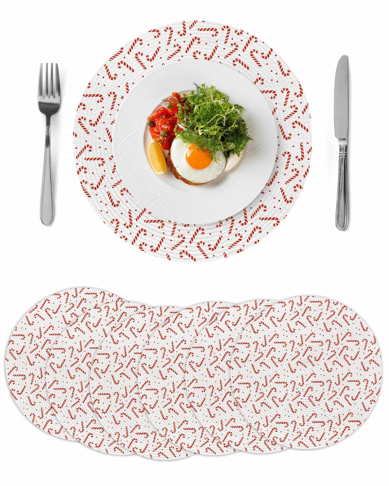 Candy Cane Pattern Christmas Round Table Placemats set of 6, Red White ...
