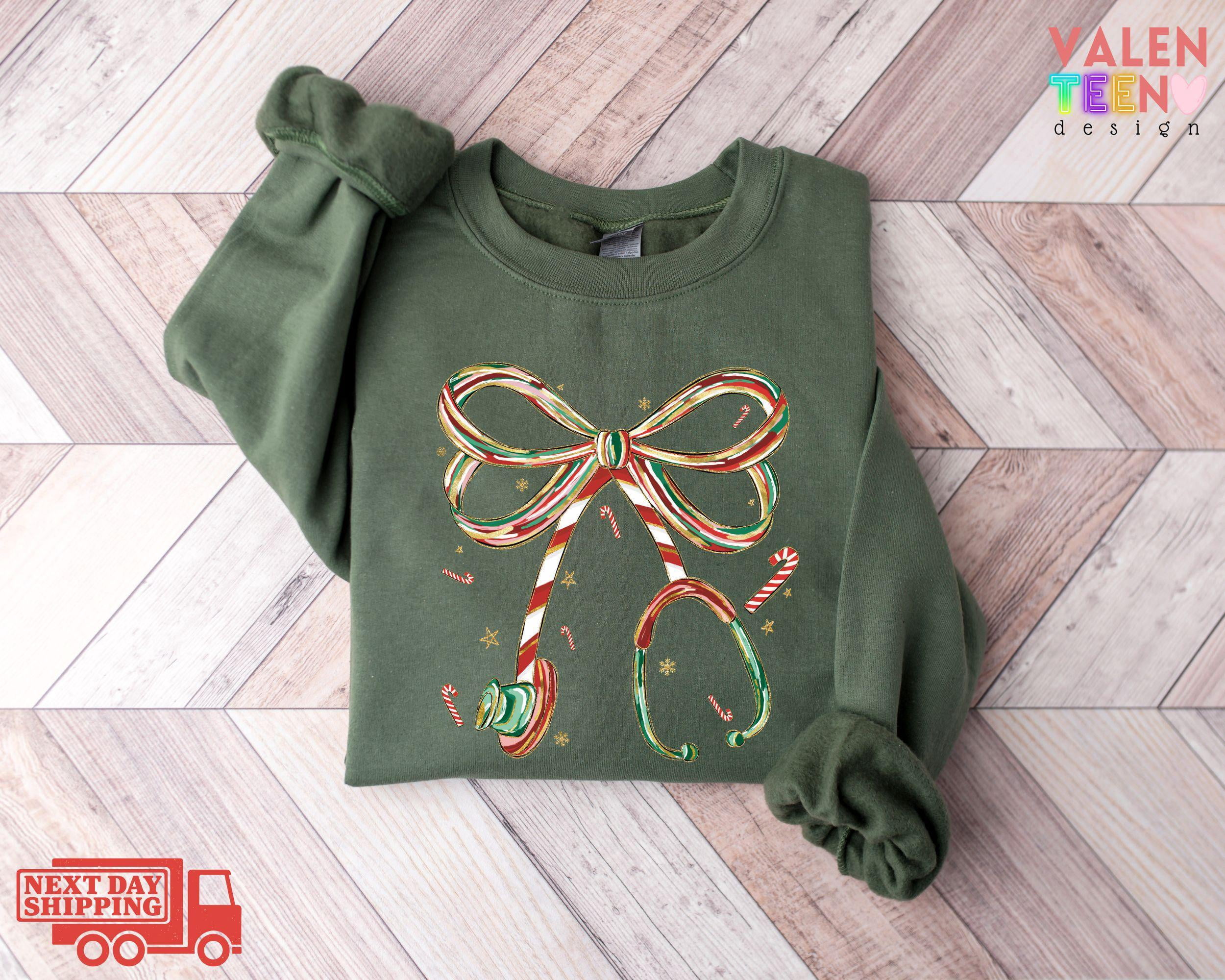 Candy Cane Stethoscope Sweatshirt, Nurse Christmas Bow Sweater, Festive ...