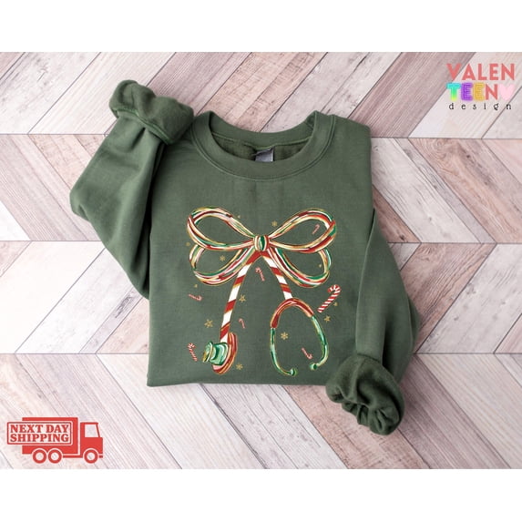 Candy Cane Stethoscope Sweatshirt, Nurse Christmas Bow Sweater, Festive ...