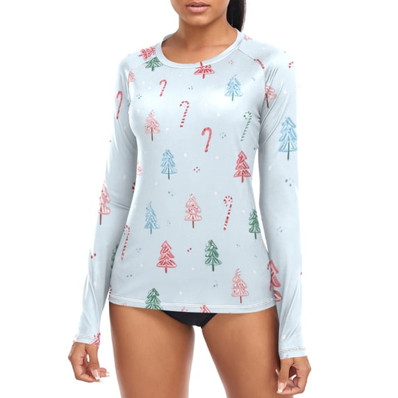 Candy Canes Colorful Christmas Trees Women's Rash Guard Shirts UPF 50 ...