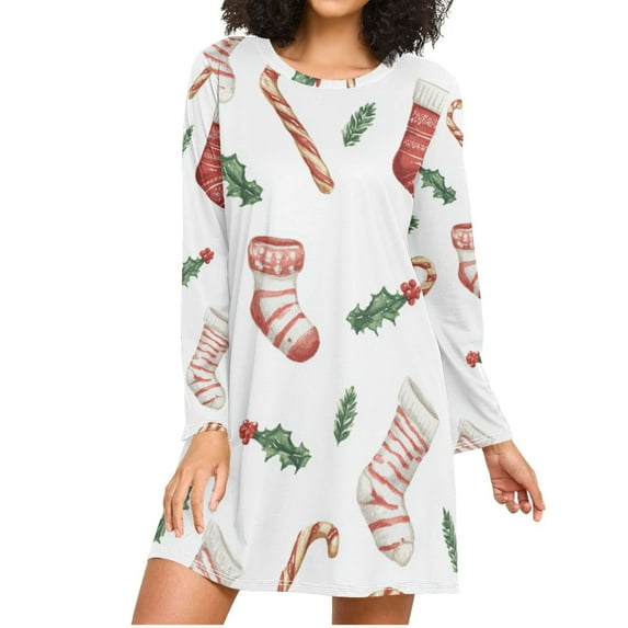 Candy Canes Holly Leave Christmas Women's Long Sleeves Nightgowns ...