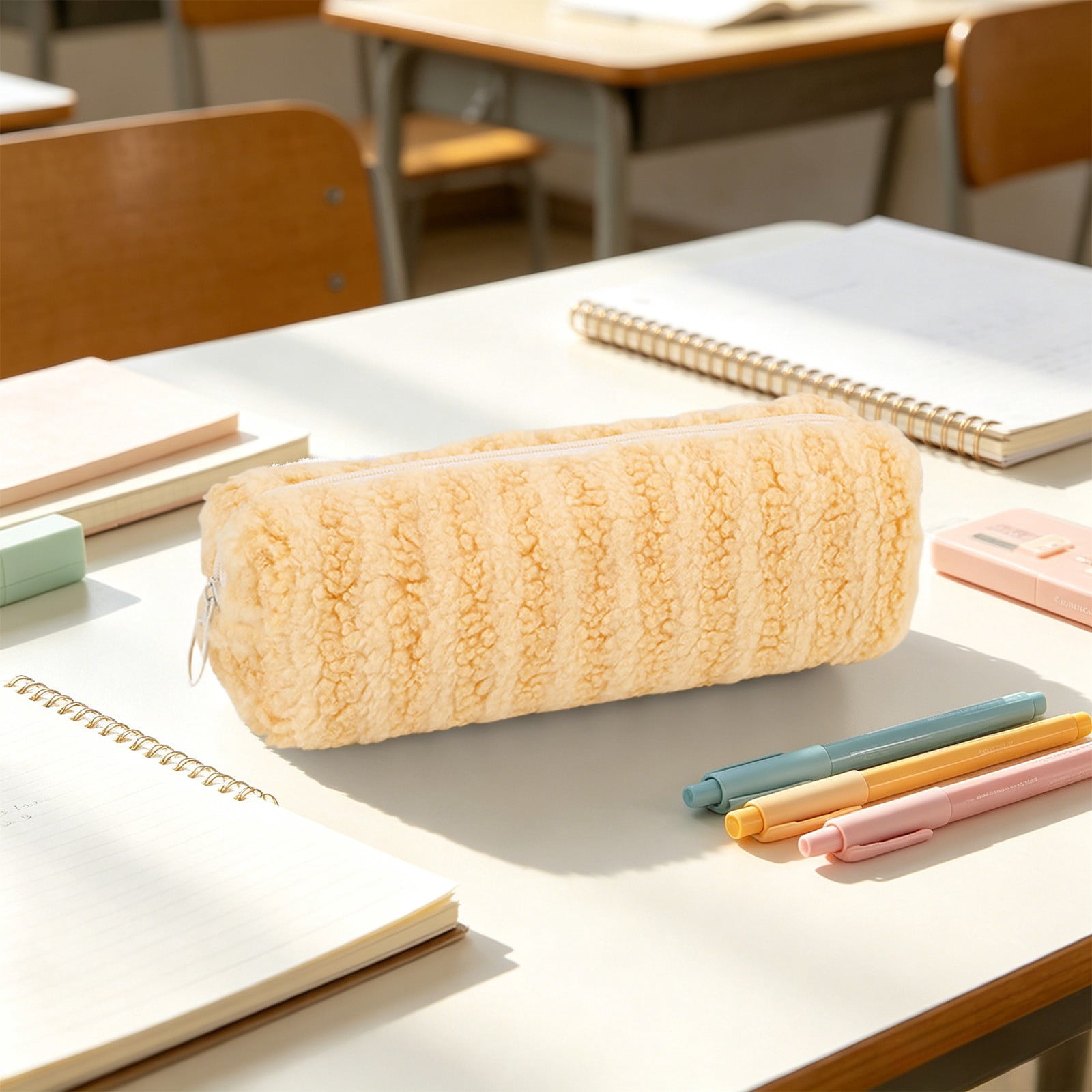 Candy Color Plush Pencil Case, Striped Fluffy Soft Makeup Zipper Pouch ...