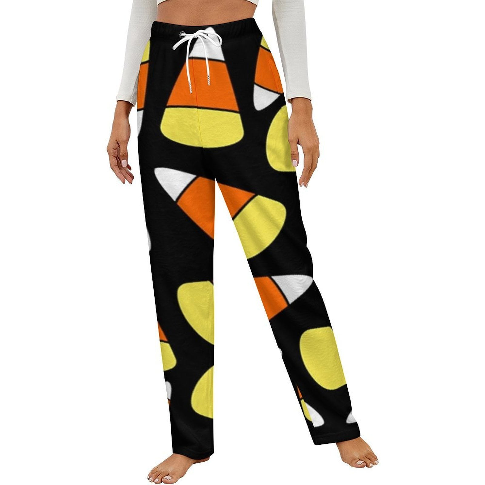 Candy Corn Pattern Halloween Winter Female Pants Flannel High Waist ...