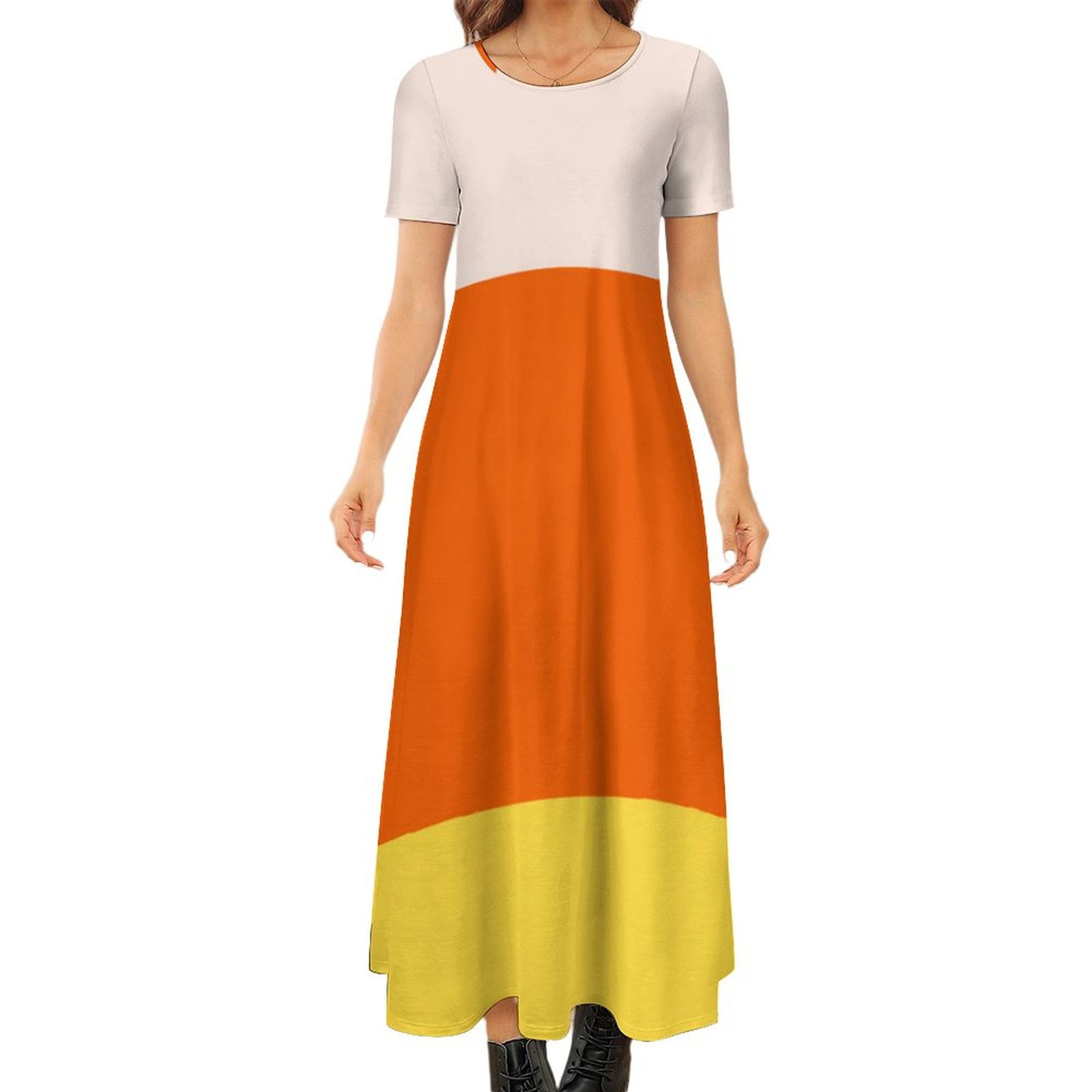 Candy Corn Pattern Maxi Dress for Women Crew Neck Beach Dress Short ...