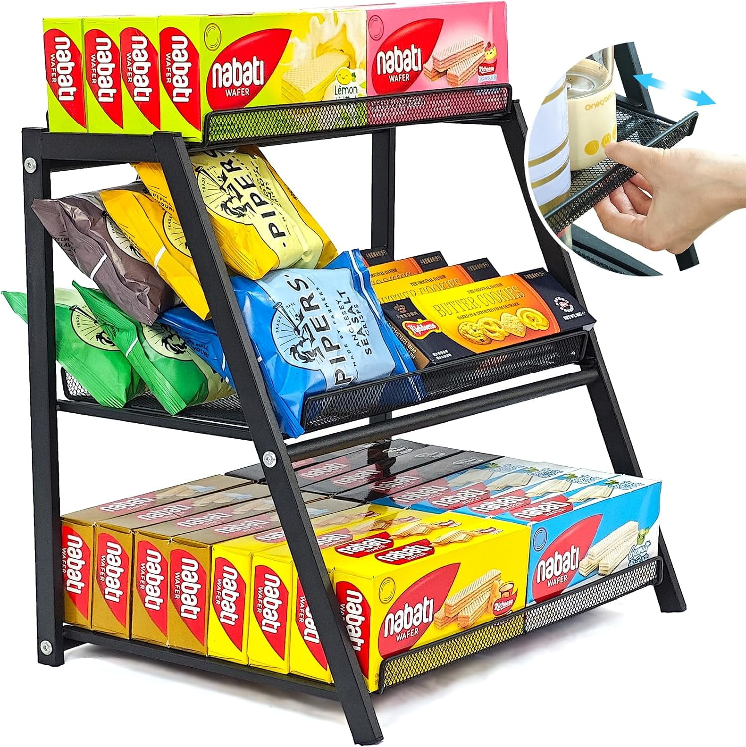 Candy Display Rack with Pull-out Tray, 3-Tire Snack Organizer for ...