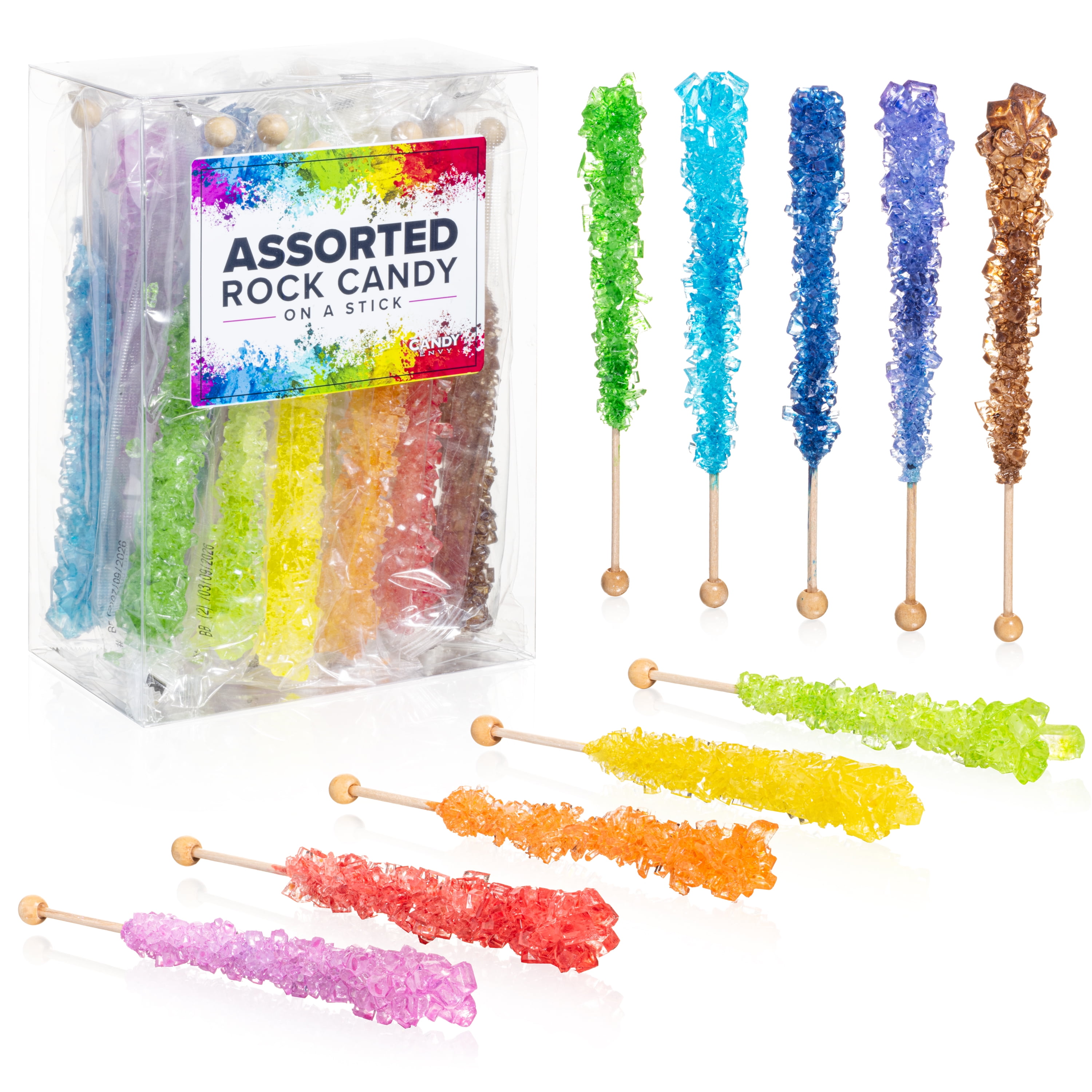 Candy Envy Assorted Rainbow Rock Candy Sticks, Individually Wrapped, 18 ...