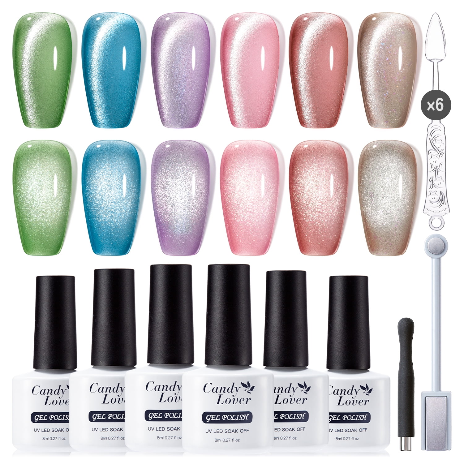 Candy Lover Cat Eye Gel Nail Polish Kit, 6 Pink Green Blue Purple ...