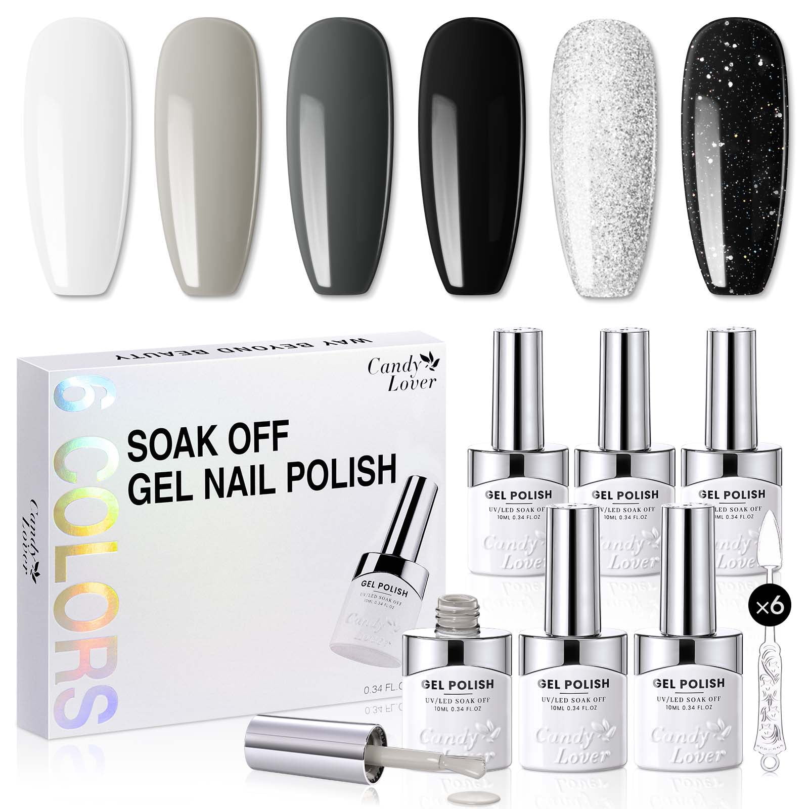 Candy Lover Classic Gel Nail Polish Set, 6 Black White Gray Glitter ...
