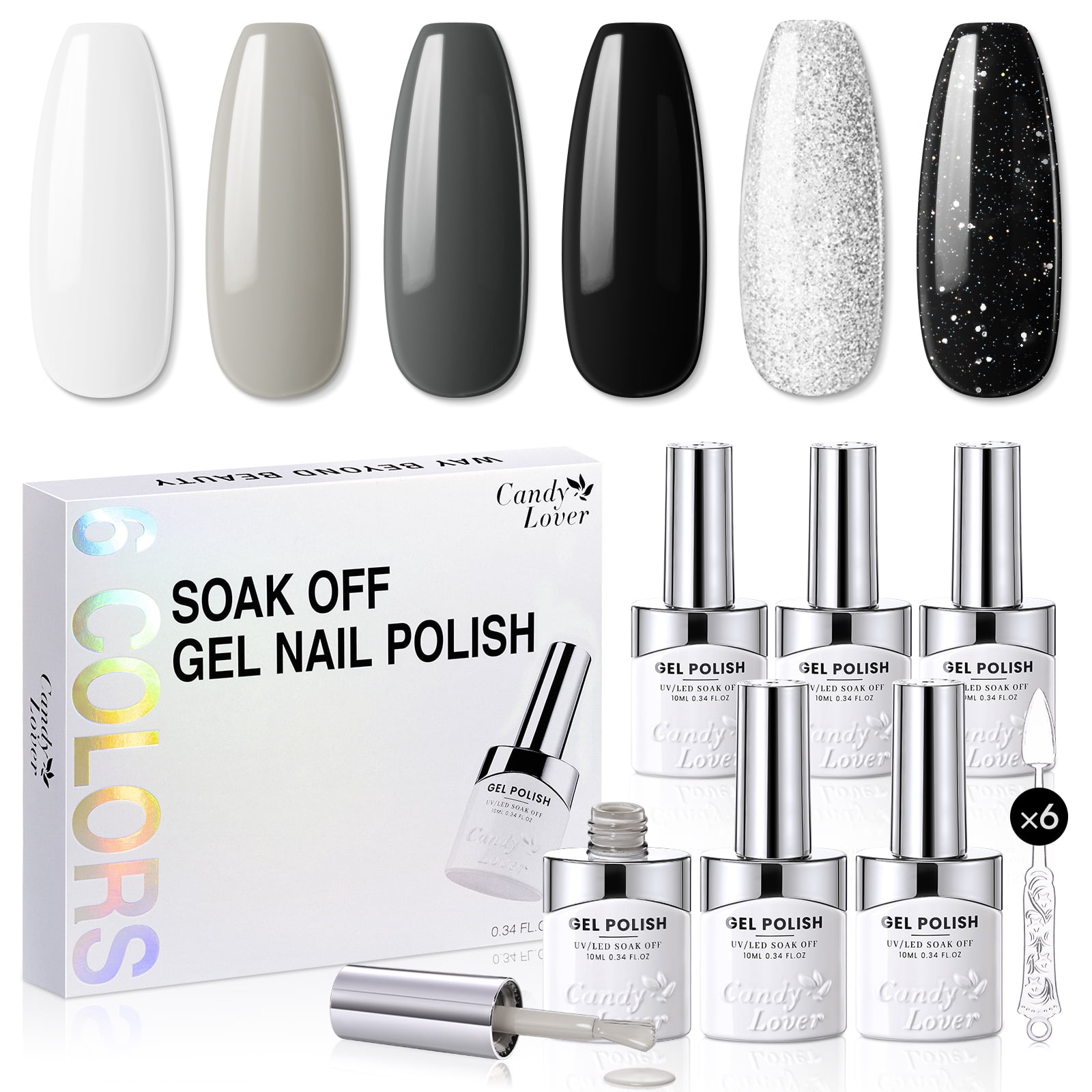 Candy Lover Classic Gel Nail Polish Set, 6 Black White Gray Glitter ...
