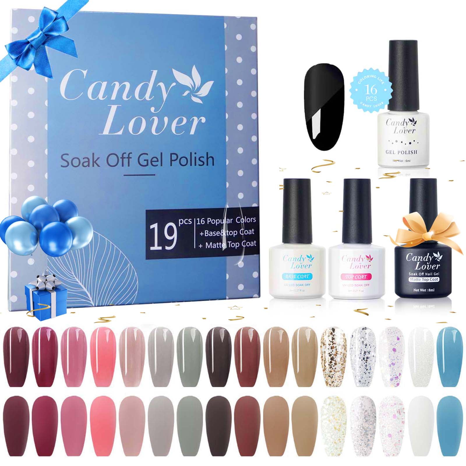 Candy Lover 16 Colors Quick Dry UV Gel Nail Polish Kit with Top Base ...