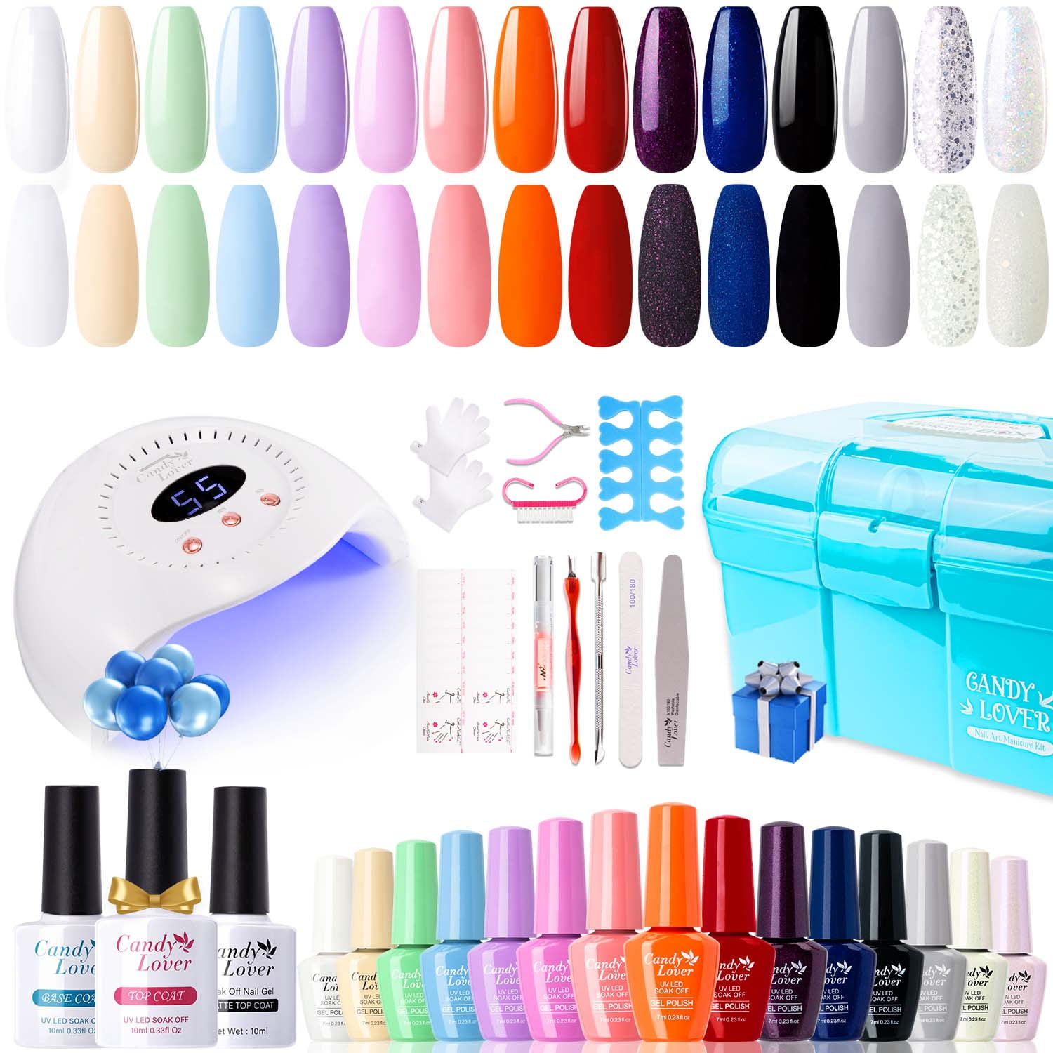 Candy Lover Complete Gel Nail Polish Kit with LED Light, 15 Colors, UV ...