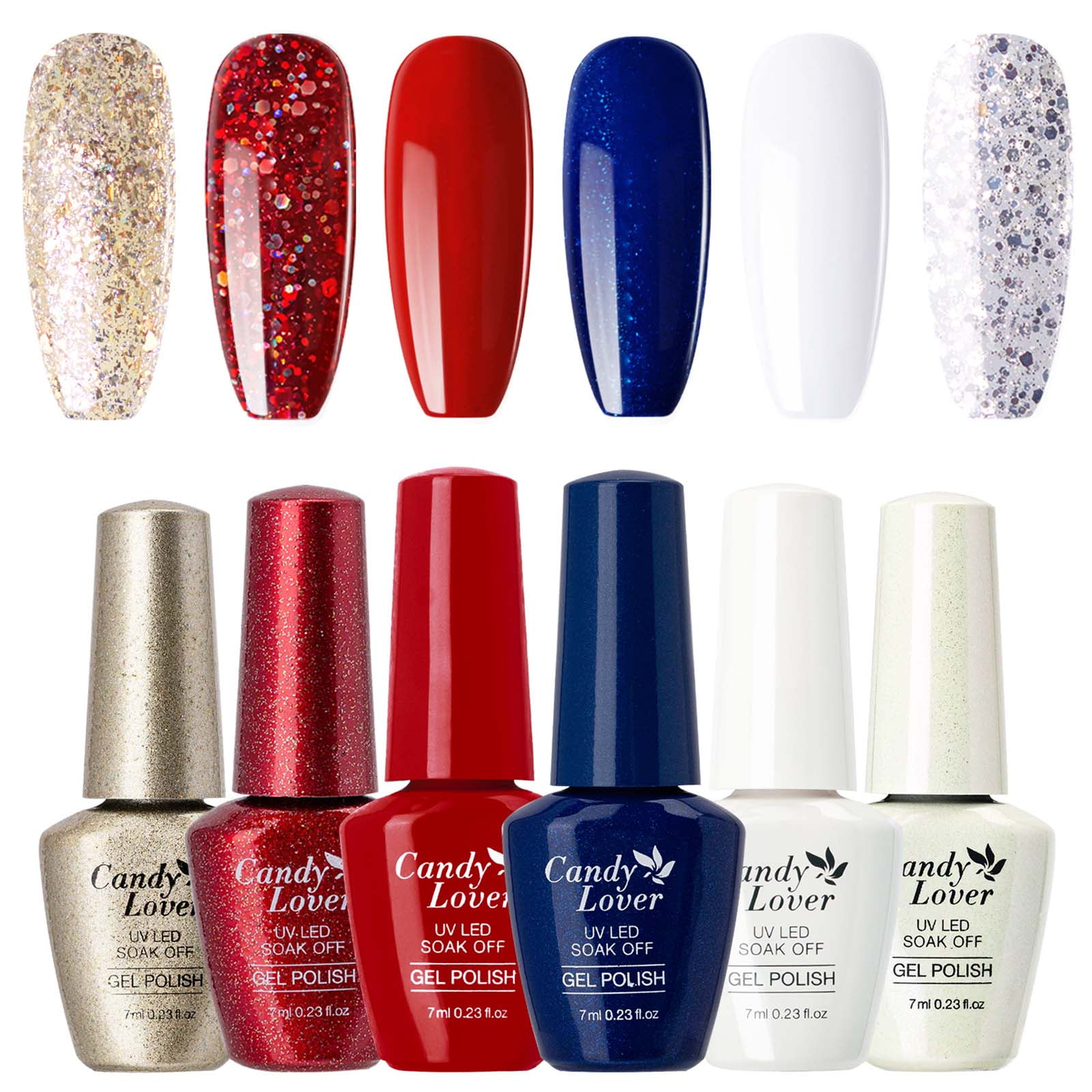 Candy Lover Gel Nail Polish Set, 6 Colors Glitter Gel, Red White Blue ...