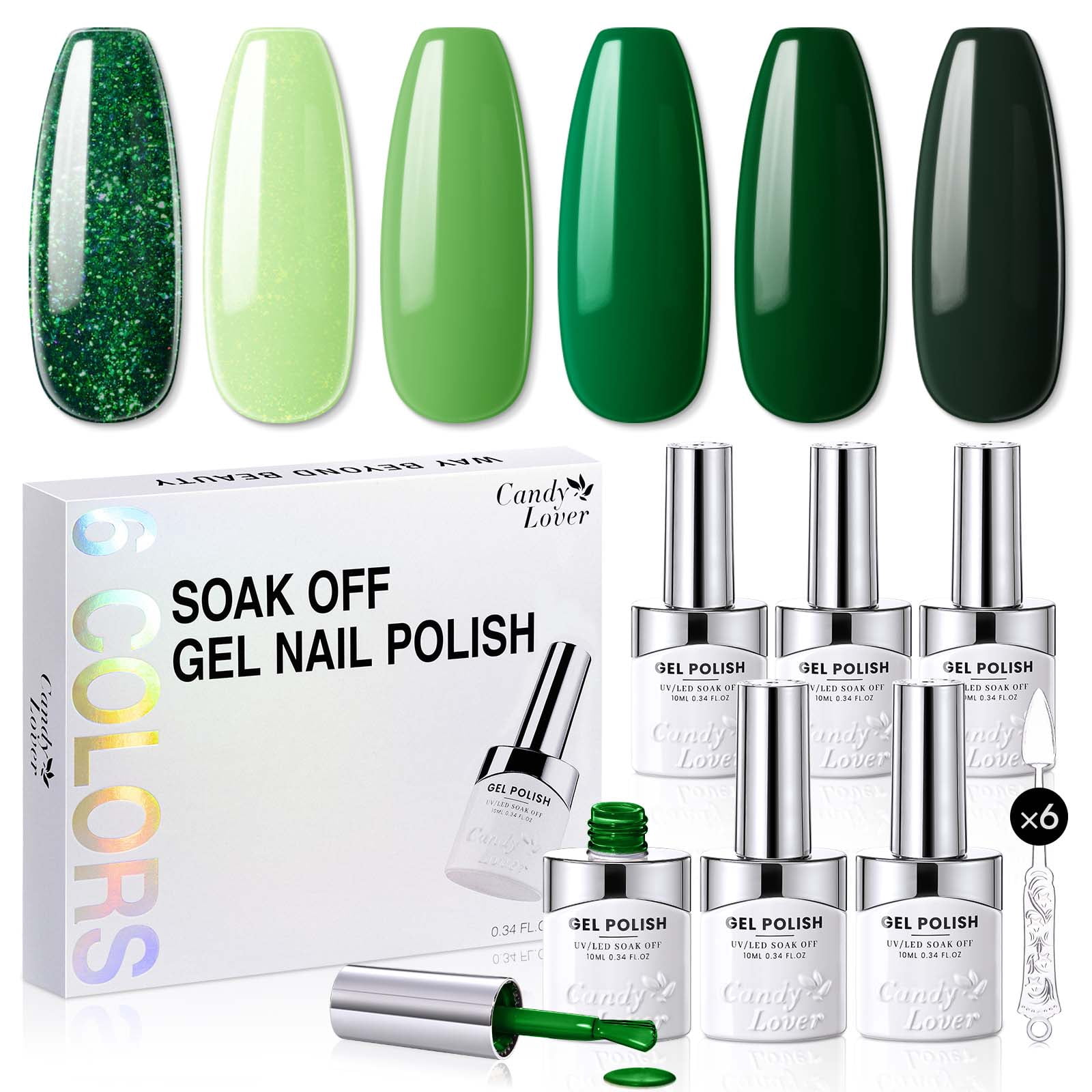Candy Lover Gel Nail Polish, 6 Colors Glitter Green UV Gel Polish Set ...