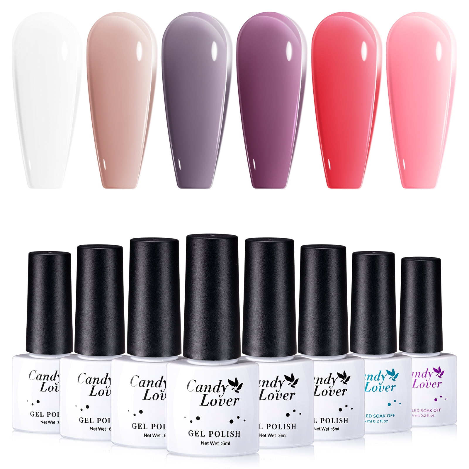 Candy Lover Jelly Gel Nail Polish Kit, 6 Pink Grey Red Sheer Colors Gel ...