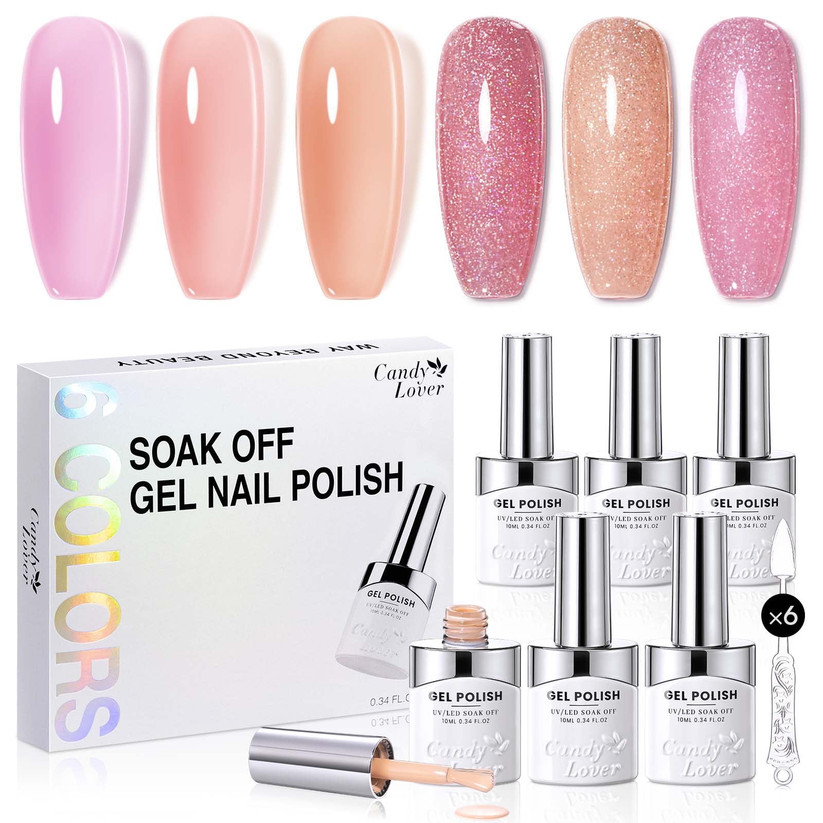 Candy Lover Gel Nail Polish Kit, 6 Glitter Jelly Colors, UV LED Soak ...