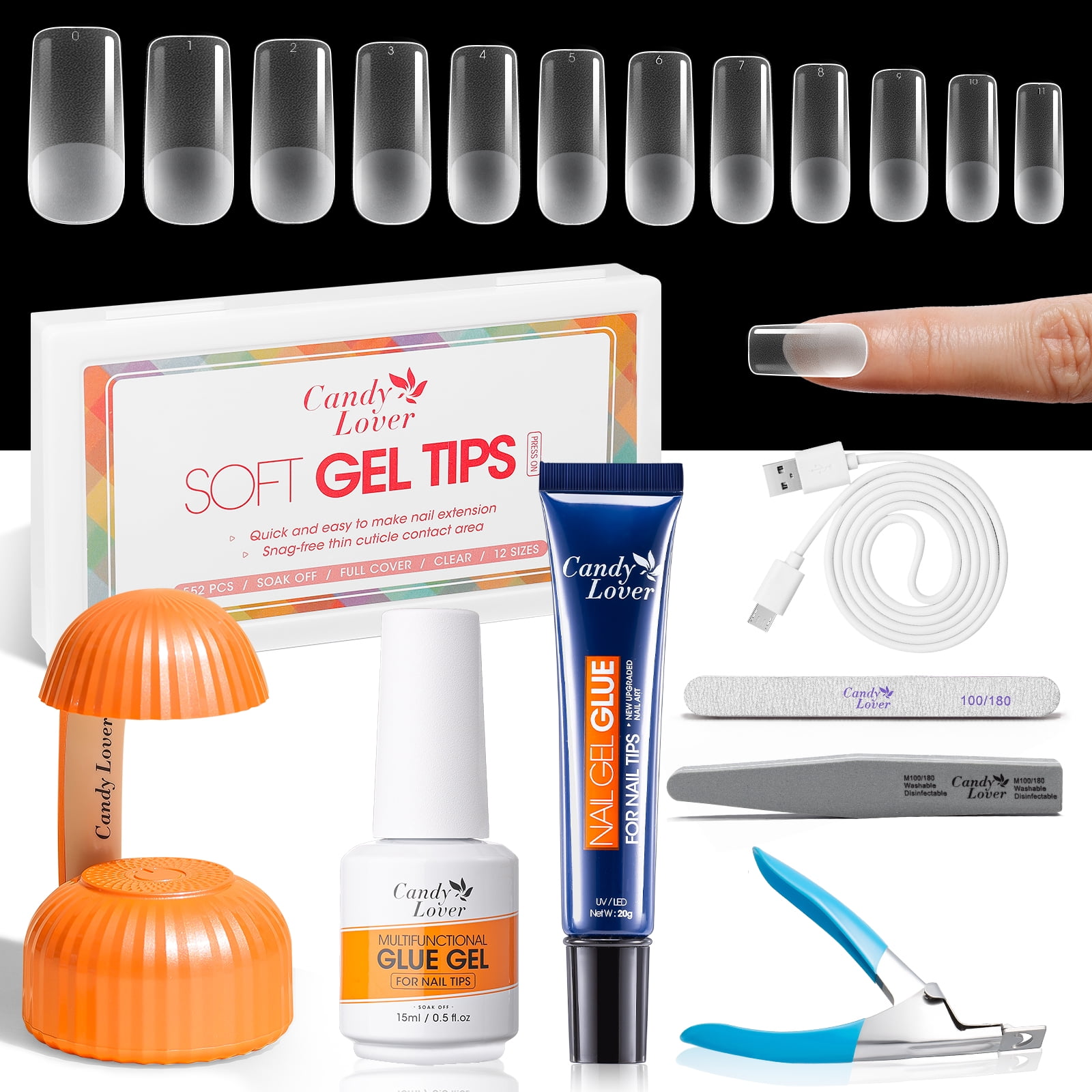 Candy Lover 552 Pcs Nail Tips & Glue Gel Kit with UV Lamp Dryer ...