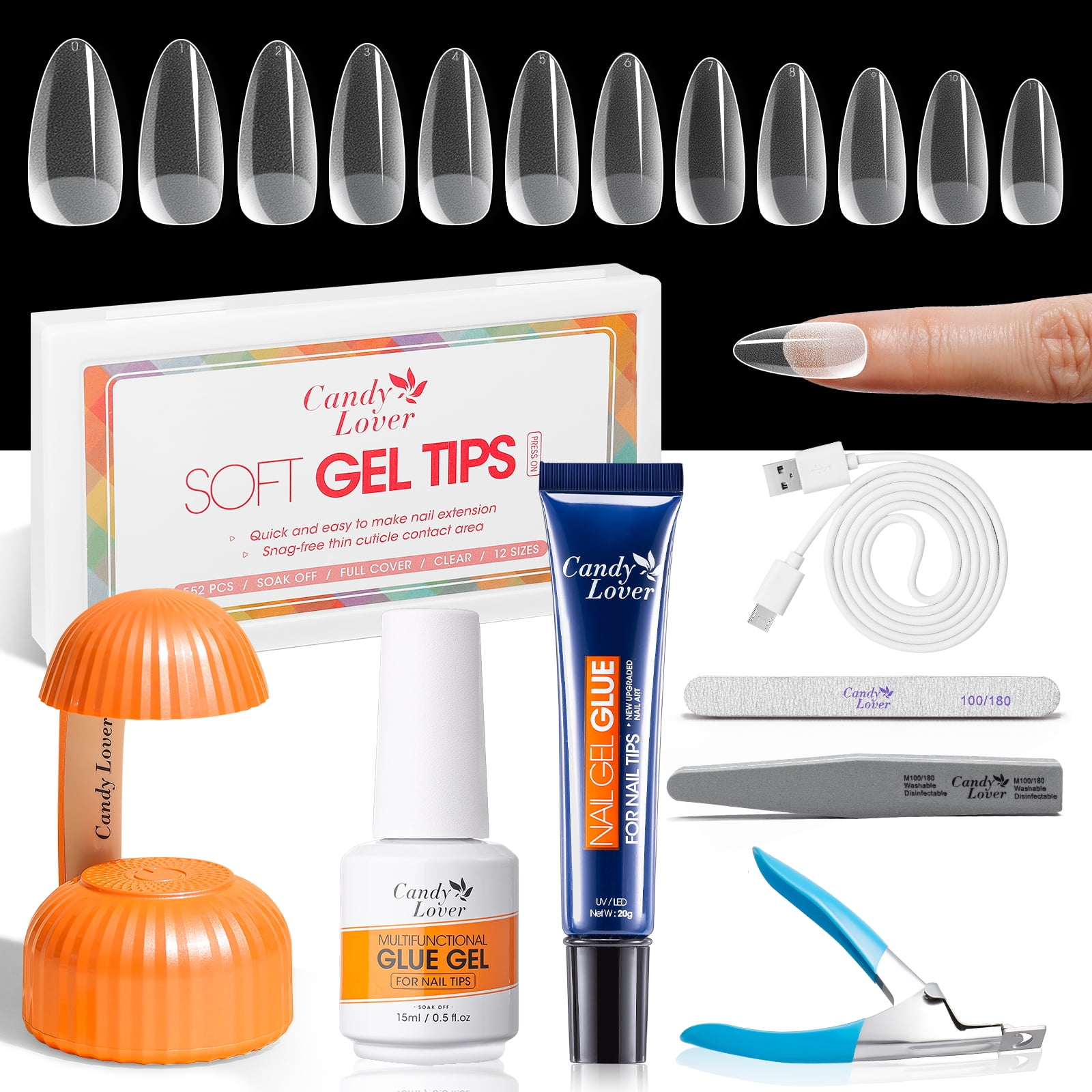 Candy Lover 552 Pcs Nail Tips & 4-in-1 Gel Kit with UV Lamp, Acrylic ...