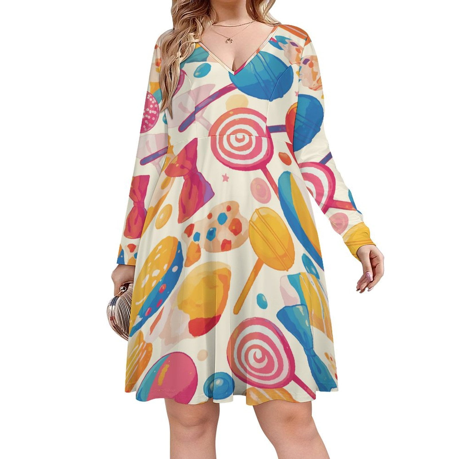 Candy Pattern Rainbow Lollipop Long Sleeve Dresses For Women Vintage ...