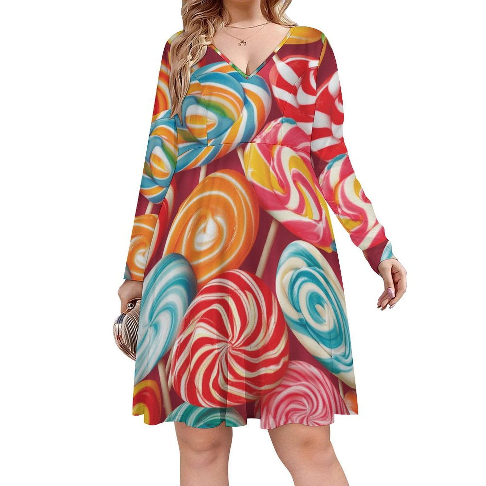 Candy Pattern Rainbow Lollipop Long Sleeve Dresses For Women Vintage Elegant Party Dress ...