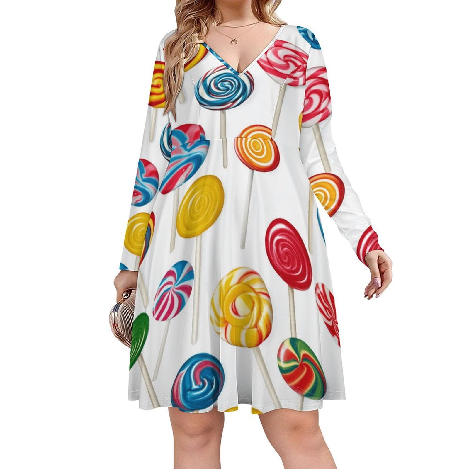 Candy Pattern Rainbow Lollipop Long Sleeve Dresses For Women Vintage ...