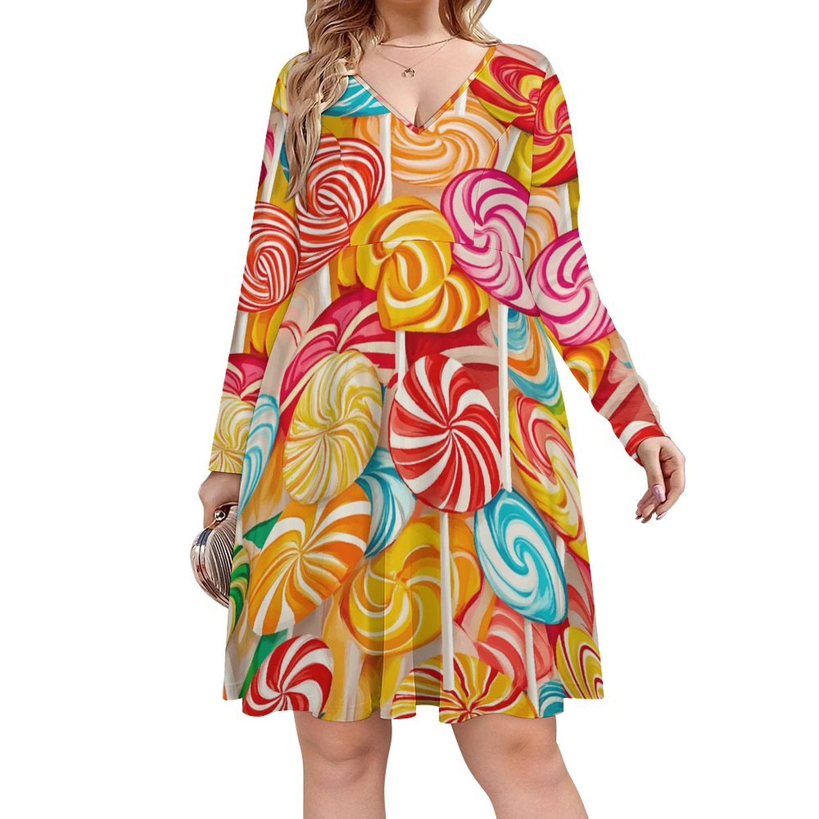 Candy Pattern Rainbow Lollipop Long Sleeve Dresses For Women Vintage Elegant Party Dress ...