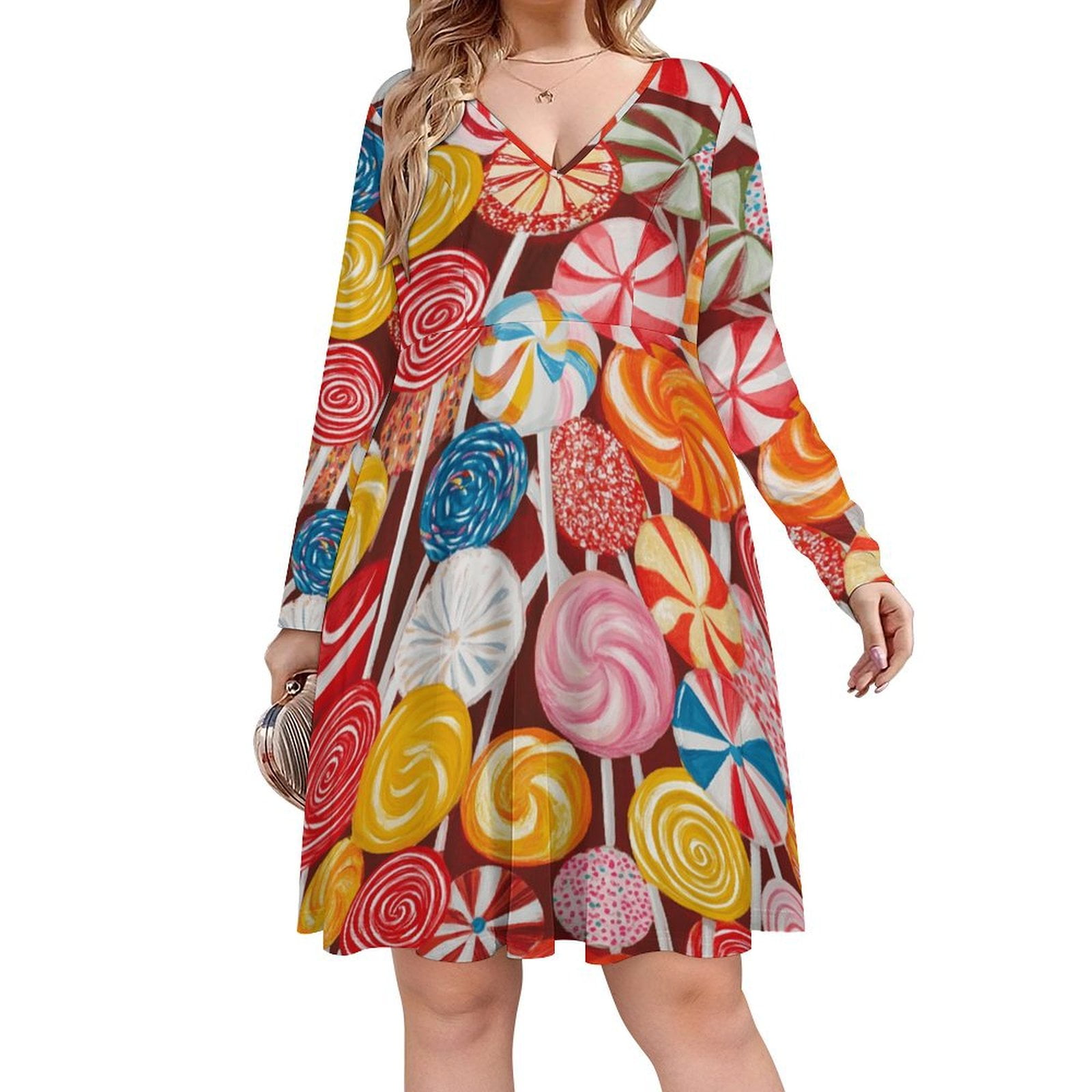 Candy Pattern Rainbow Lollipop Long Sleeve Dresses For Women Vintage ...
