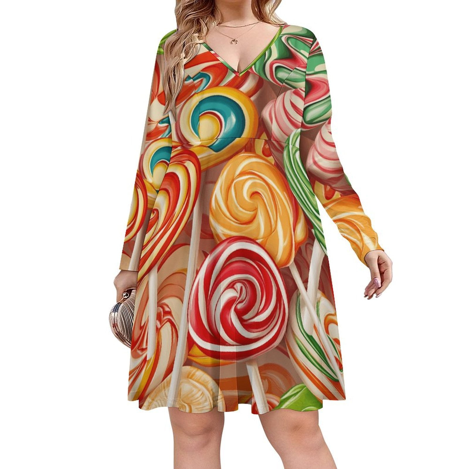 Candy Pattern Rainbow Lollipop Long Sleeve Dresses For Women Vintage ...
