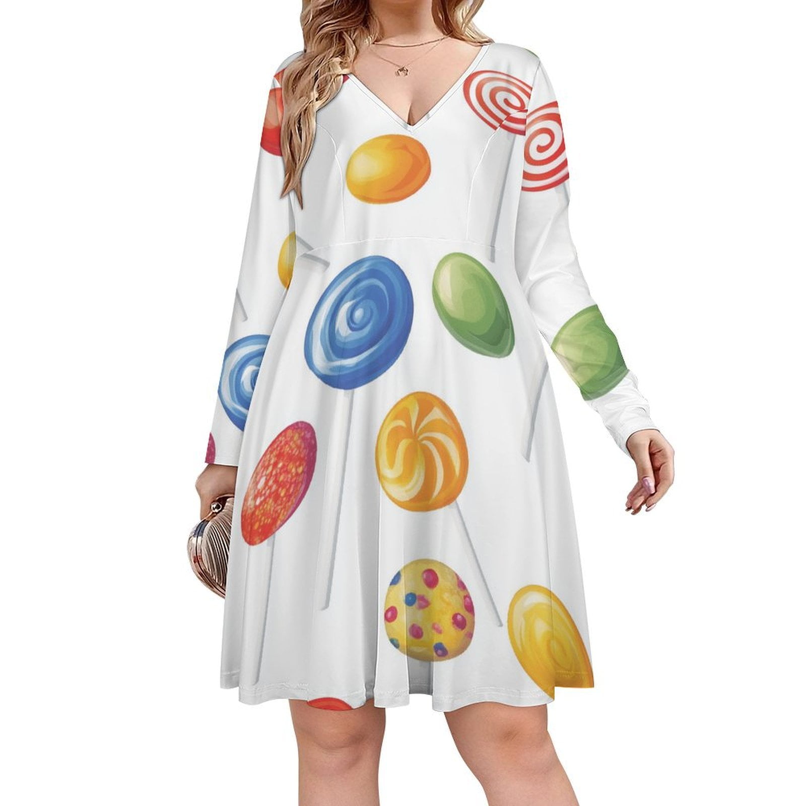 Candy Pattern Rainbow Lollipop Long Sleeve Dresses For Women Vintage ...