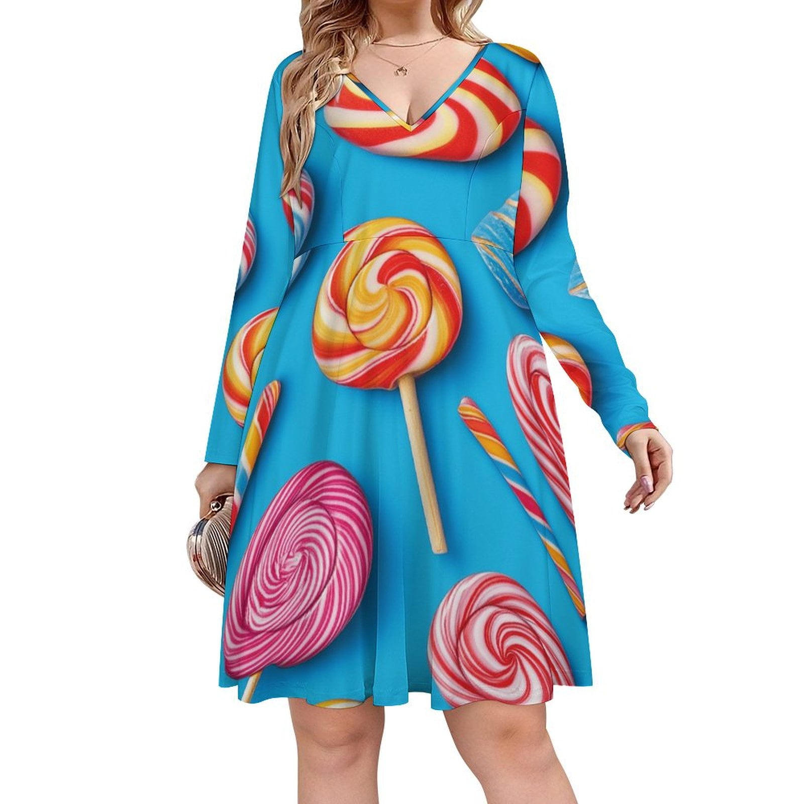 Candy Pattern Rainbow Lollipop Long Sleeve Dresses For Women Vintage ...