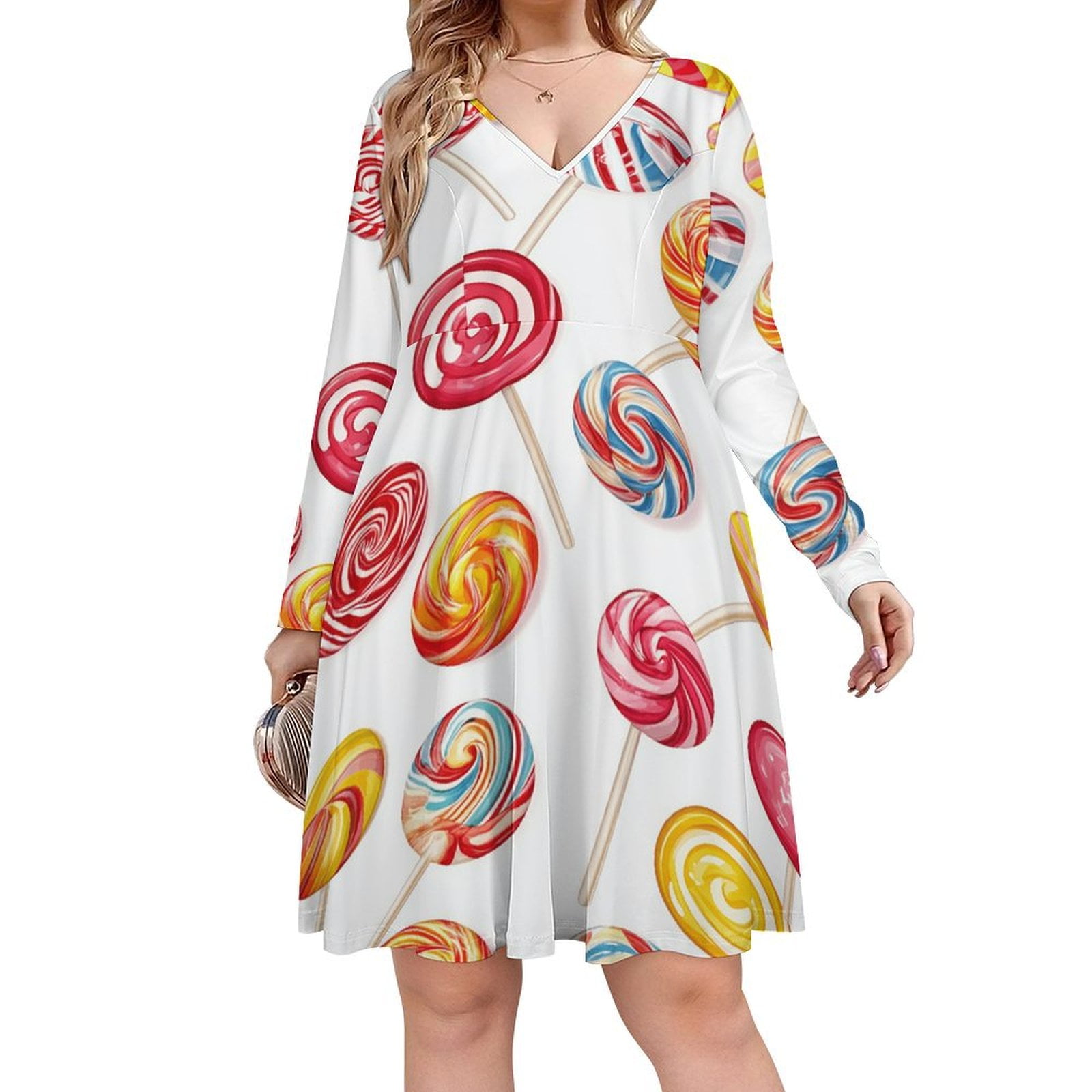 Candy Pattern Rainbow Lollipop Long Sleeve Dresses For Women Vintage Elegant Party Dress ...