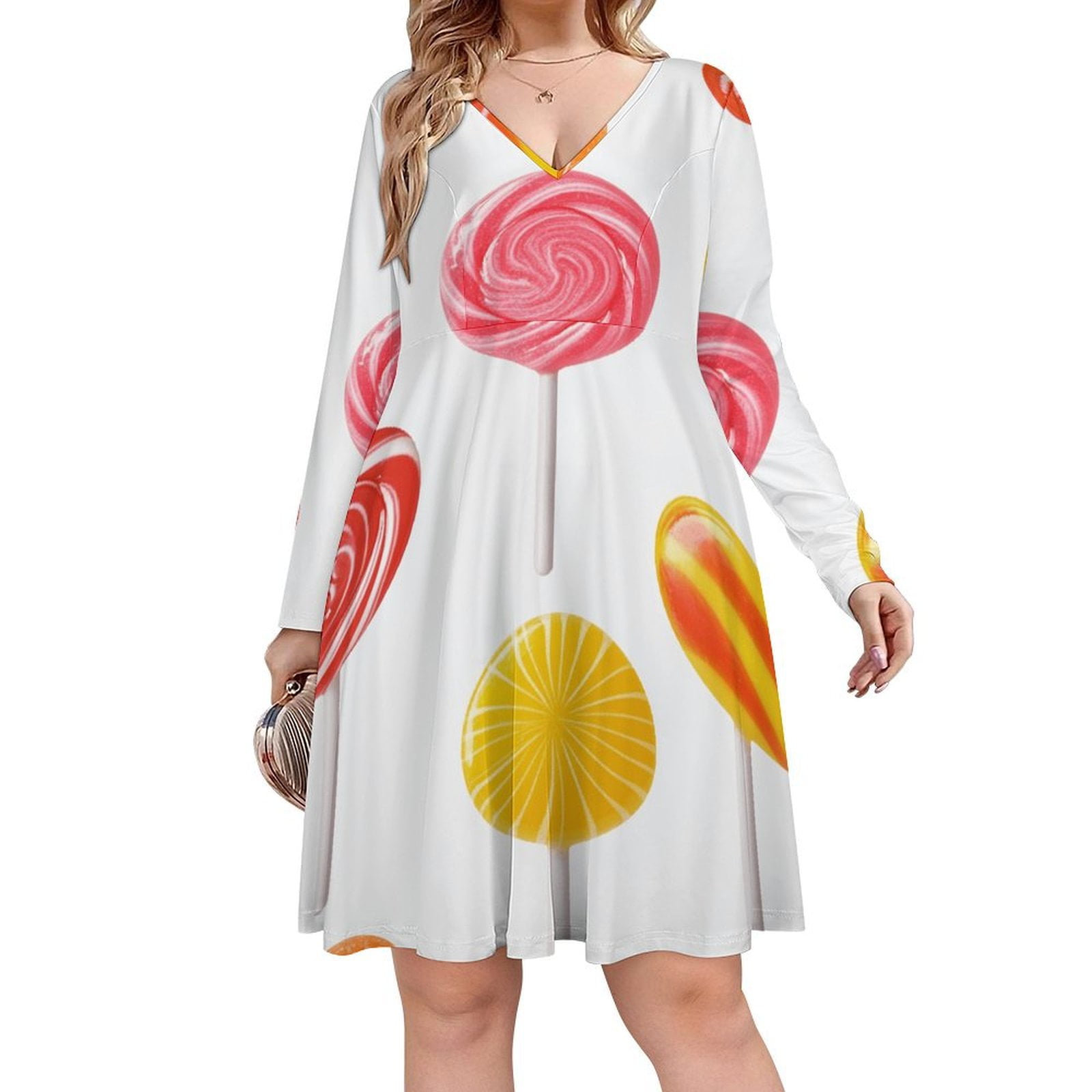 Candy Pattern Rainbow Lollipop Long Sleeve Dresses For Women Vintage ...