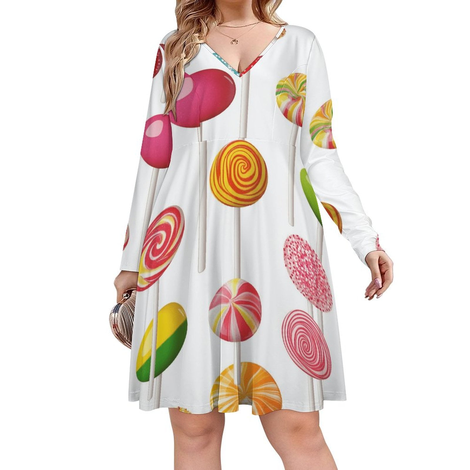 Candy Pattern Rainbow Lollipop Long Sleeve Dresses For Women Vintage ...