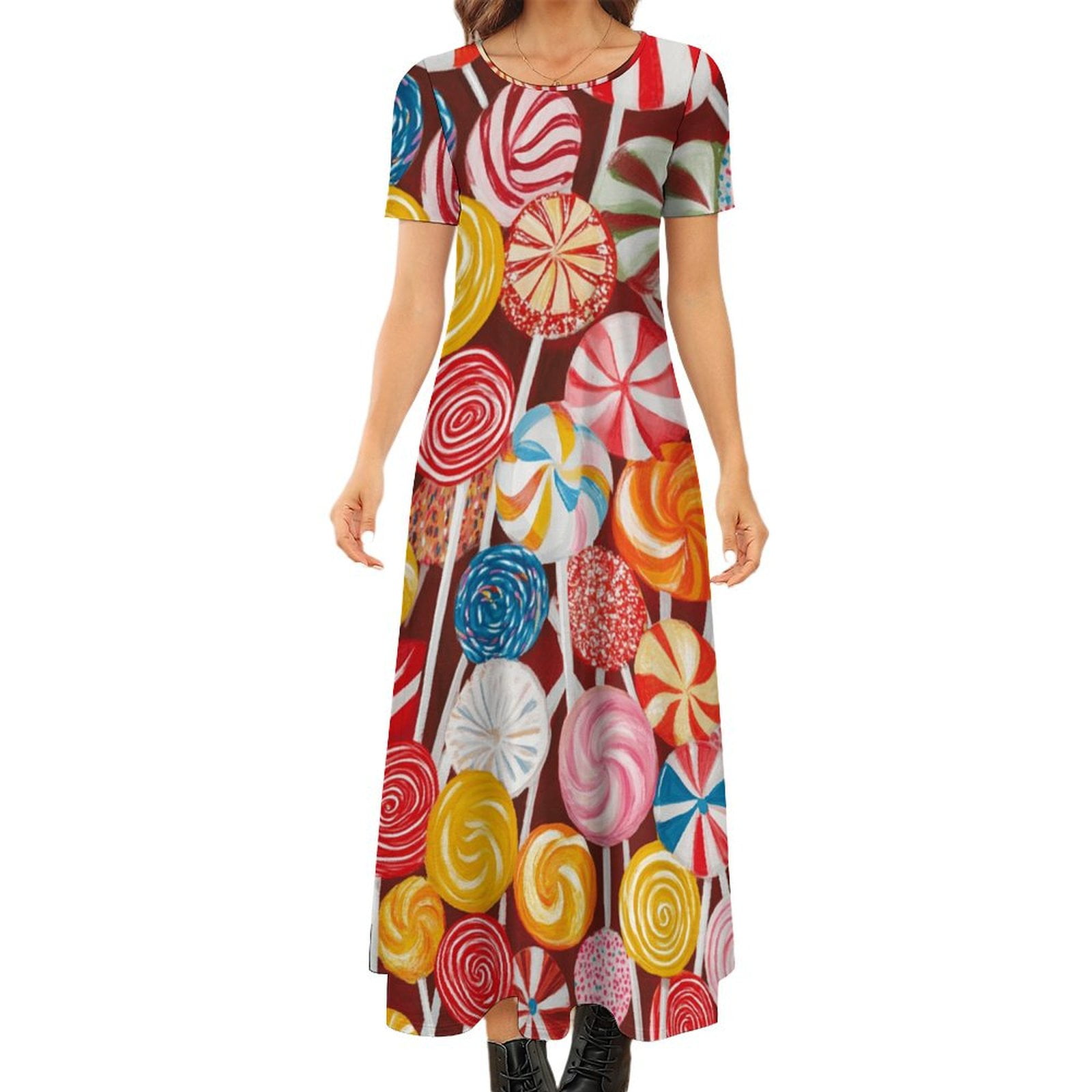 Candy Pattern Rainbow Lollipop Maxi Dress for Women Crew Neck Beach ...