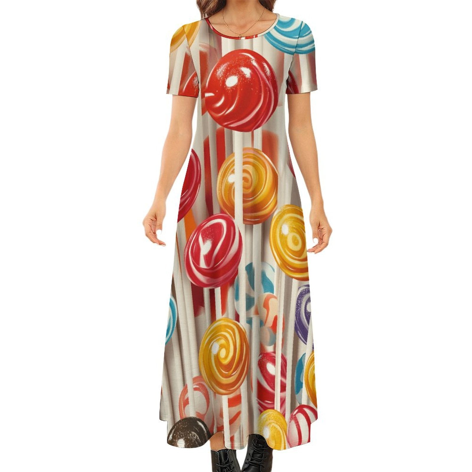 Candy Pattern Rainbow Lollipop Maxi Dress for Women Crew Neck Beach ...