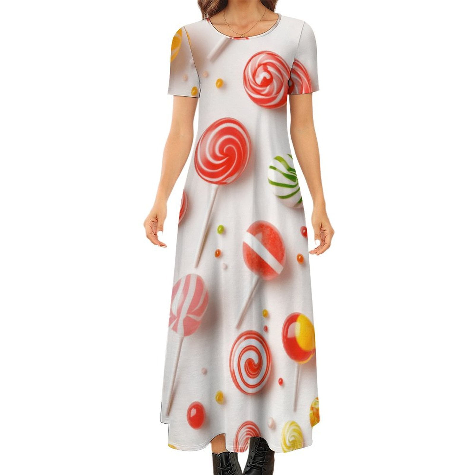 Candy Pattern Rainbow Lollipop Maxi Dress for Women Crew Neck Beach ...