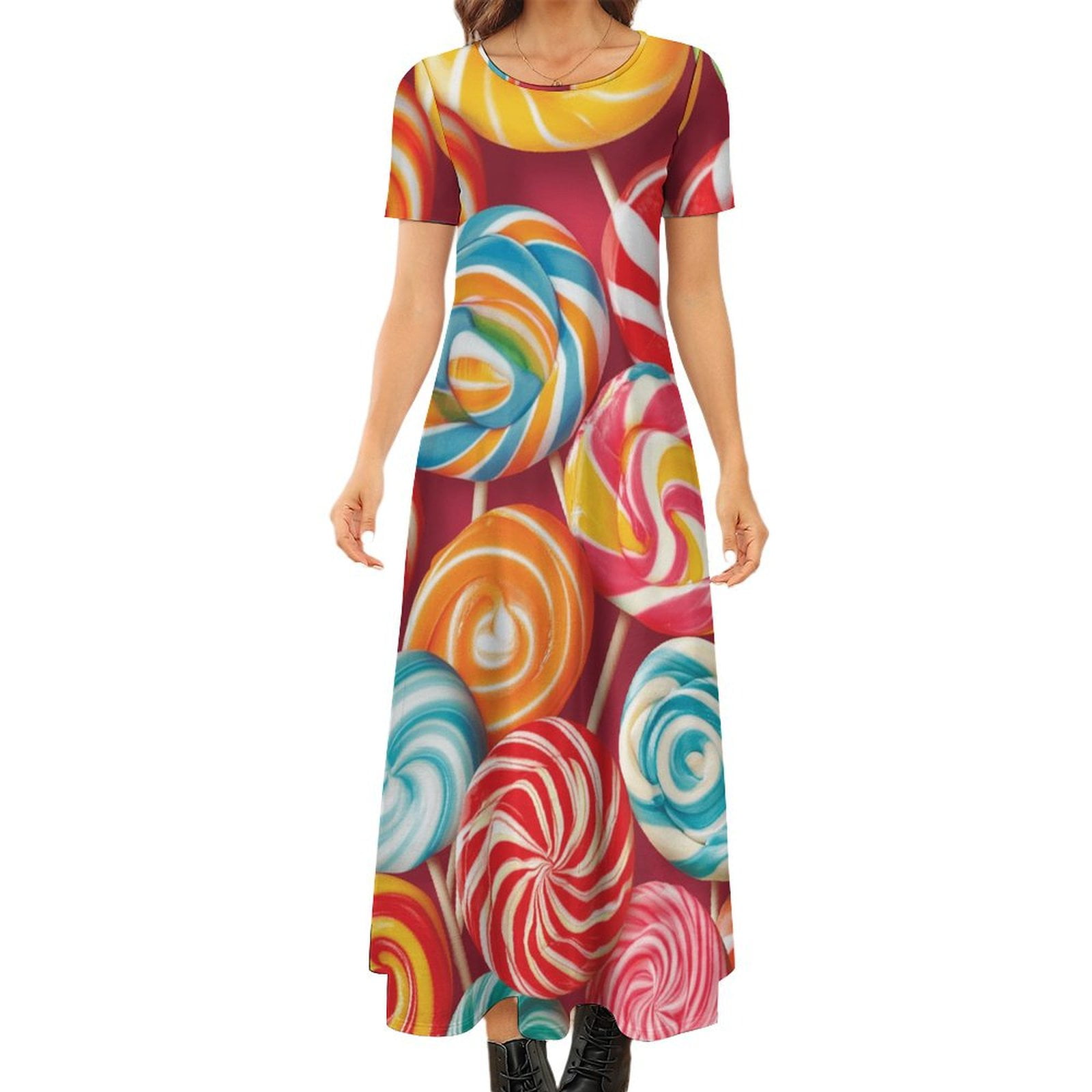 Candy Pattern Rainbow Lollipop Maxi Dress for Women Crew Neck Beach ...