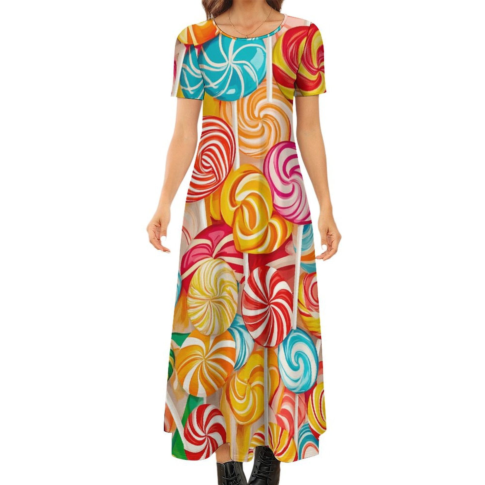 Candy Pattern Rainbow Lollipop Maxi Dress for Women Crew Neck Beach ...