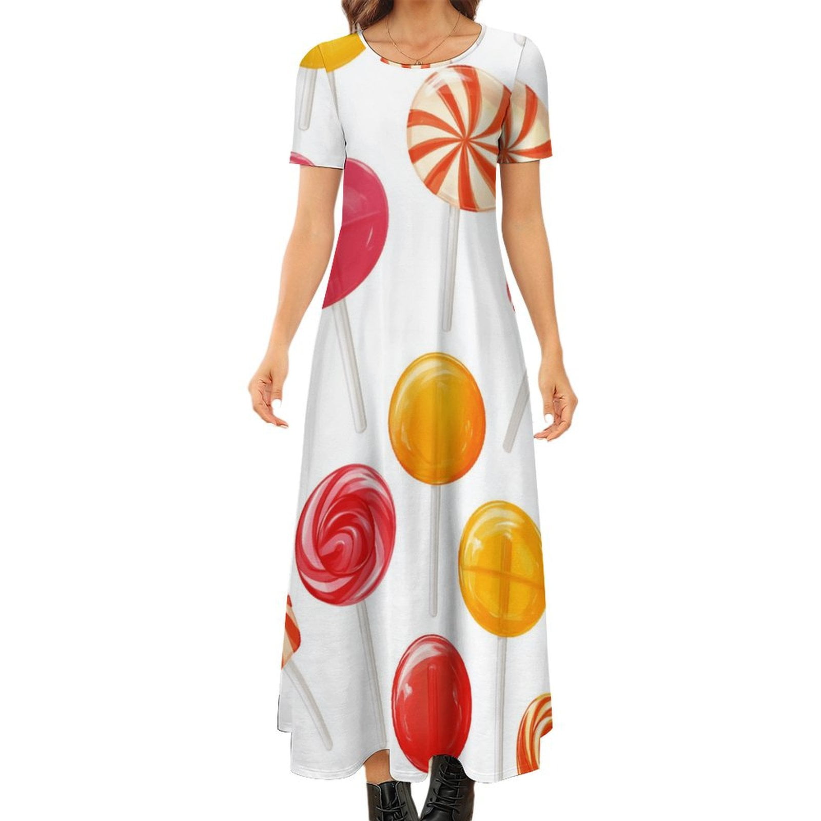 Candy Pattern Rainbow Lollipop Maxi Dress for Women Crew Neck Beach ...