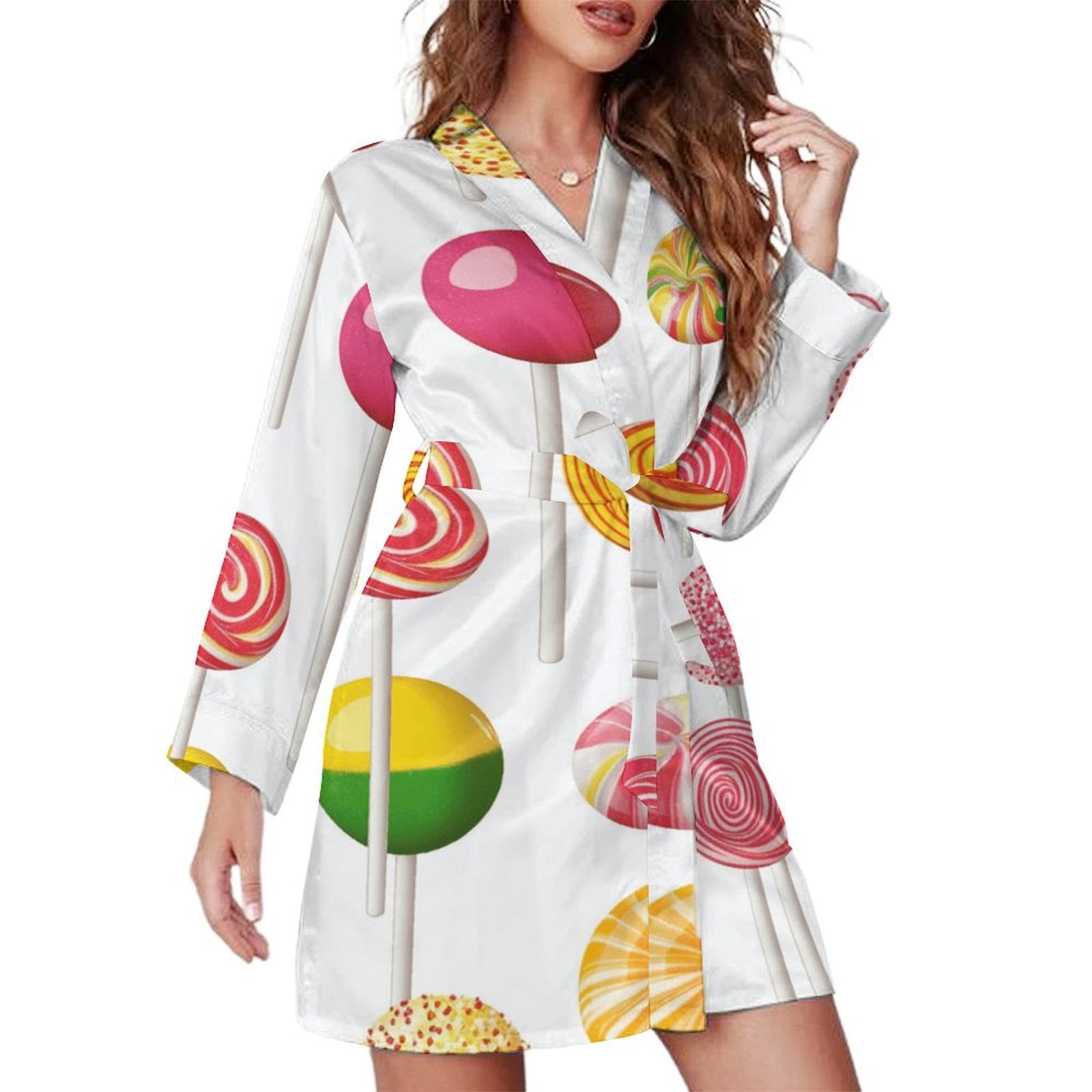 Candy Pattern Rainbow Lollipop Night Robe Long Sleeve V Neck Robe With ...