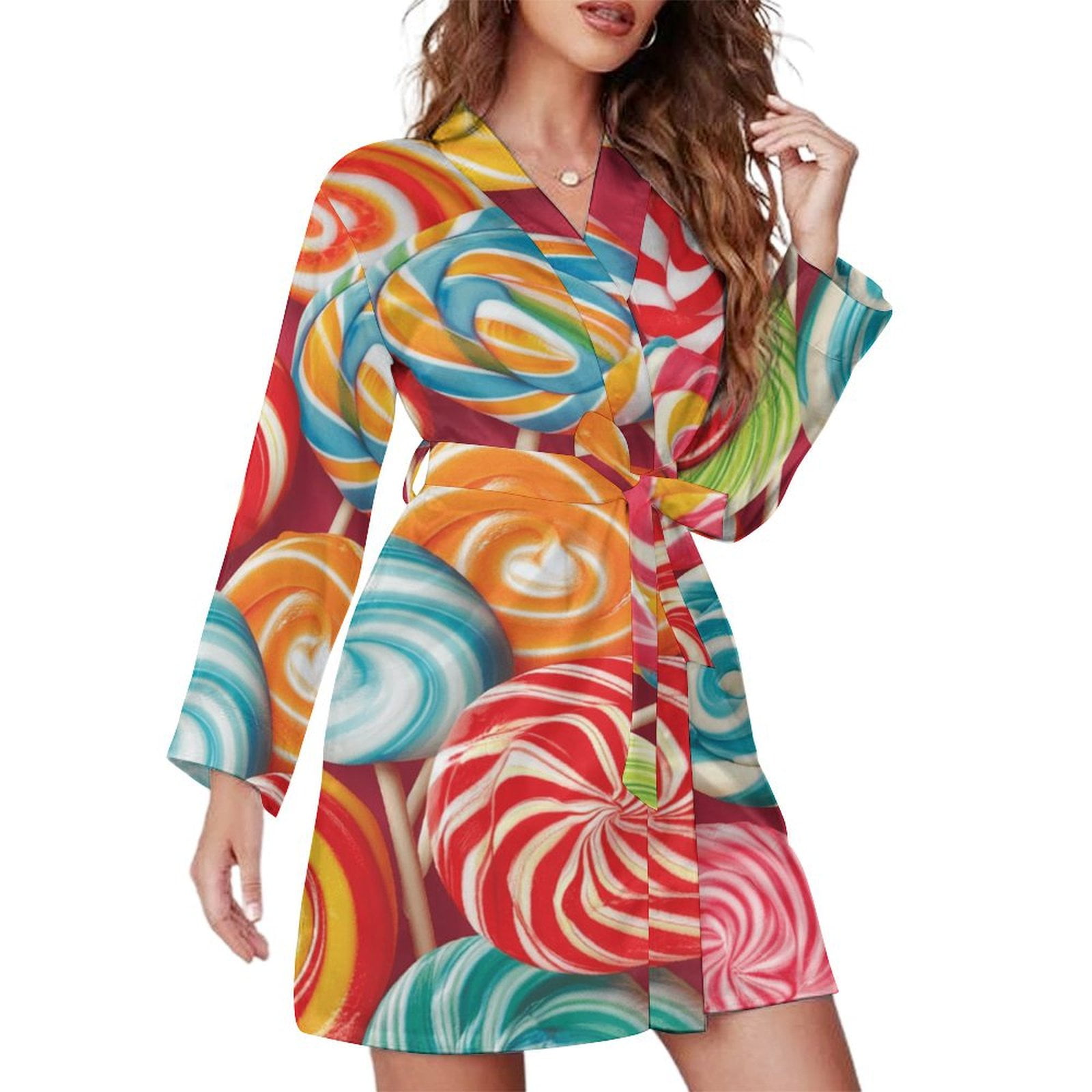Candy Pattern Rainbow Lollipop Night Robe Long Sleeve V Neck Robe With ...