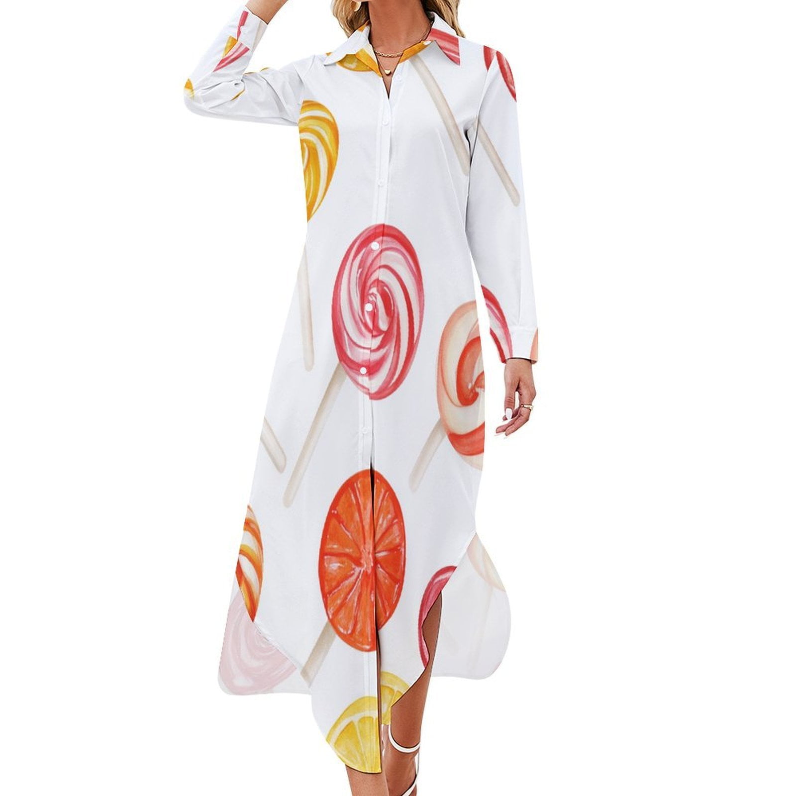 Candy Pattern Rainbow Lollipop Shirt Dress Long Sleeve Street Fashion V ...