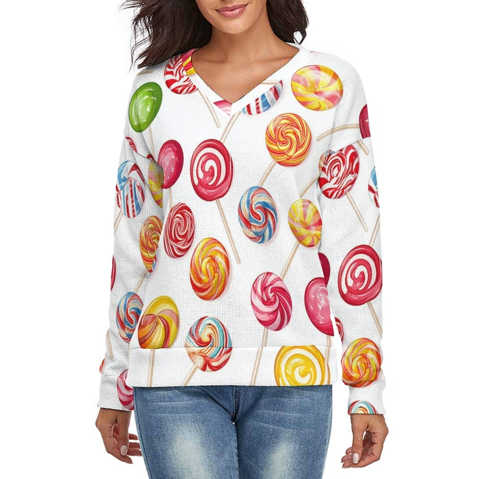 Candy Pattern Rainbow Lollipop V-neck Sweater Winter Clothes Long Sleeve Knitwear Sweater Women ...