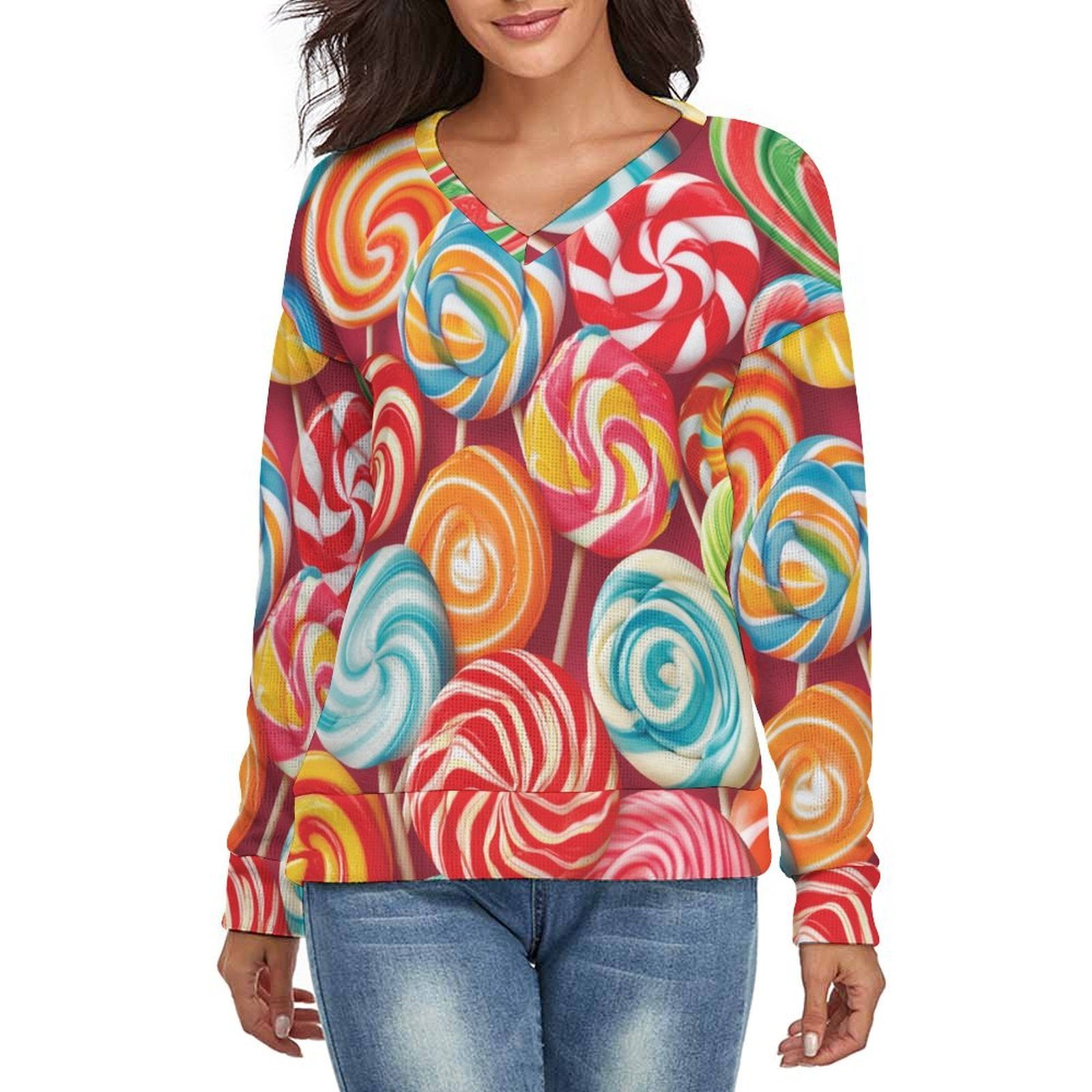 Candy Pattern Rainbow Lollipop V-neck Sweater Winter Clothes Long Sleeve Knitwear Sweater Women ...