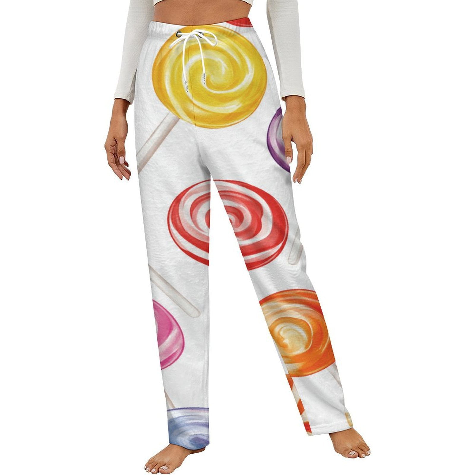 Candy Pattern Rainbow Lollipop Winter Female Pants Flannel High Waist ...