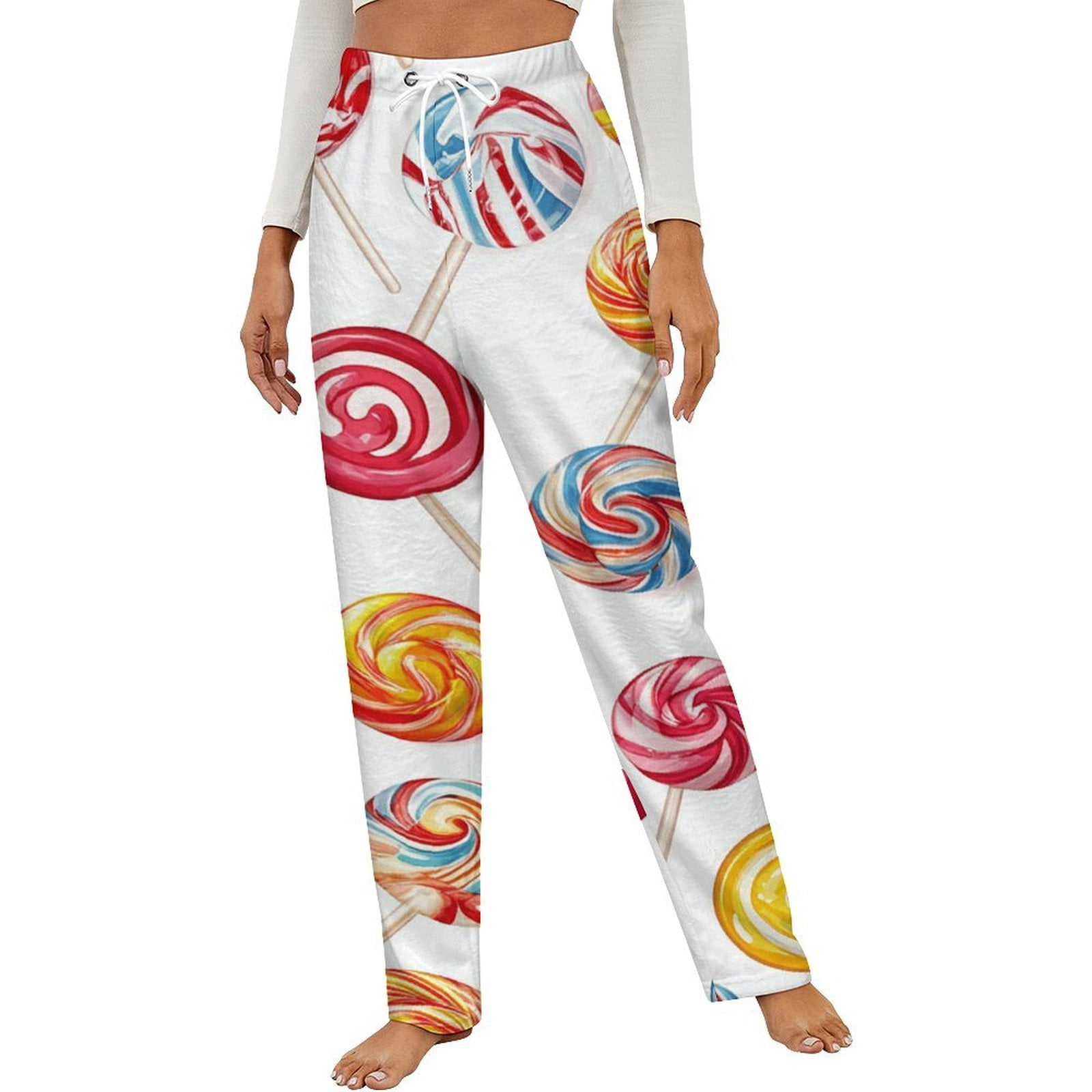 Candy Pattern Rainbow Lollipop Winter Female Pants Flannel High Waist ...