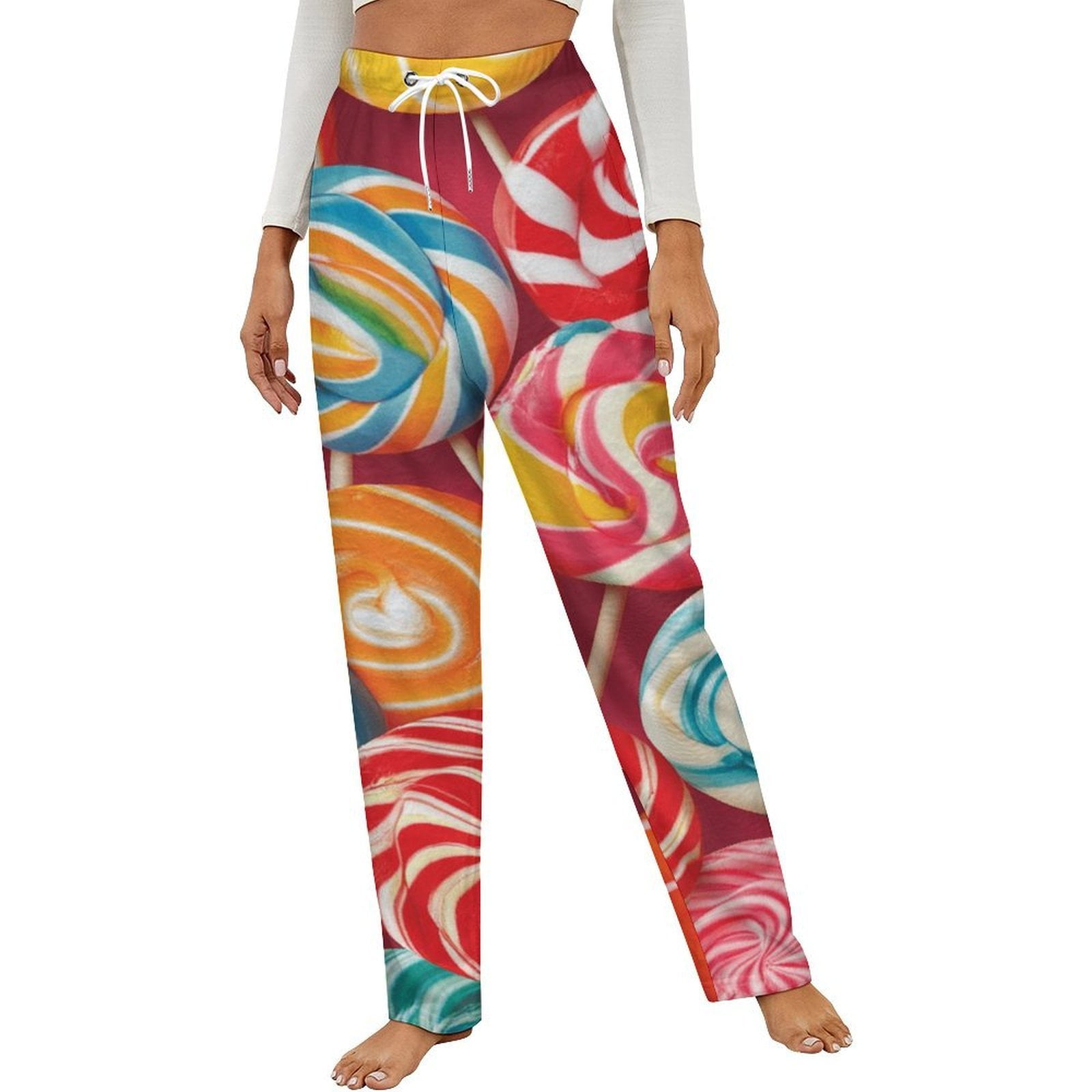 Candy Pattern Rainbow Lollipop Winter Female Pants Flannel High Waist ...