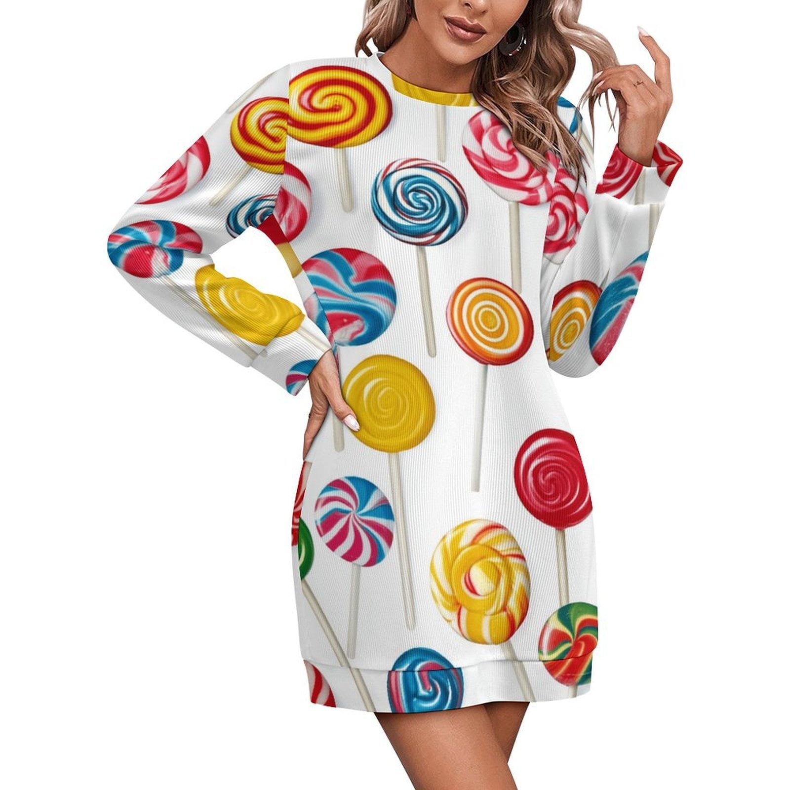 Candy Pattern Rainbow Lollipop Women Elegant Long Sleeve Warm Dress Autumn Winter Sweater Dress ...